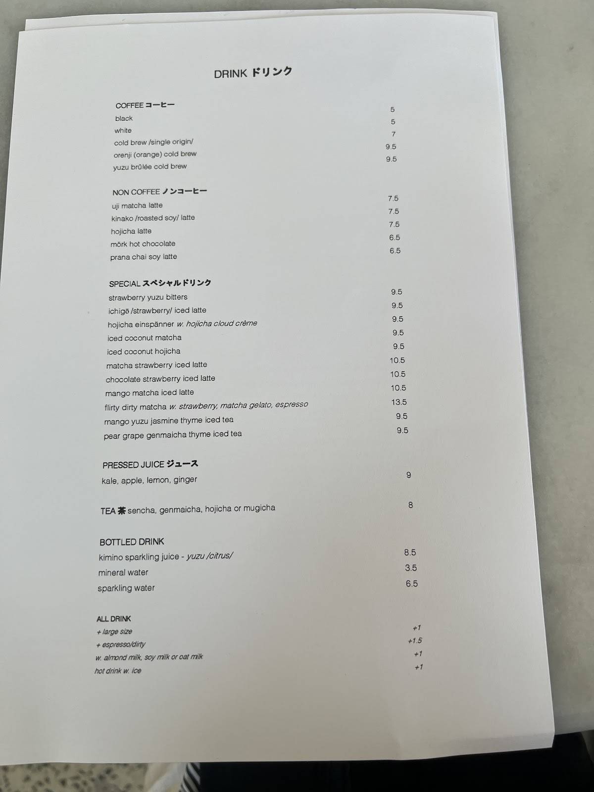 Menu at Ichigo restaurant, Melbourne