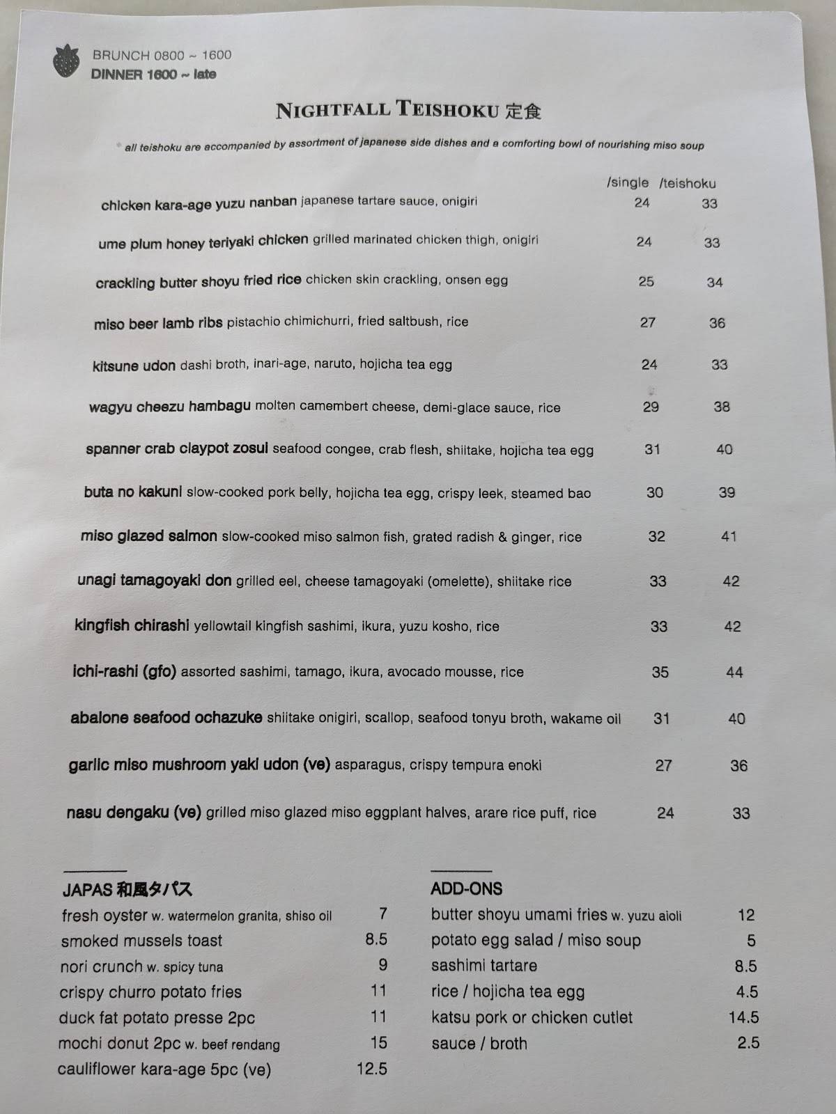 Menu at Ichigo restaurant, Melbourne