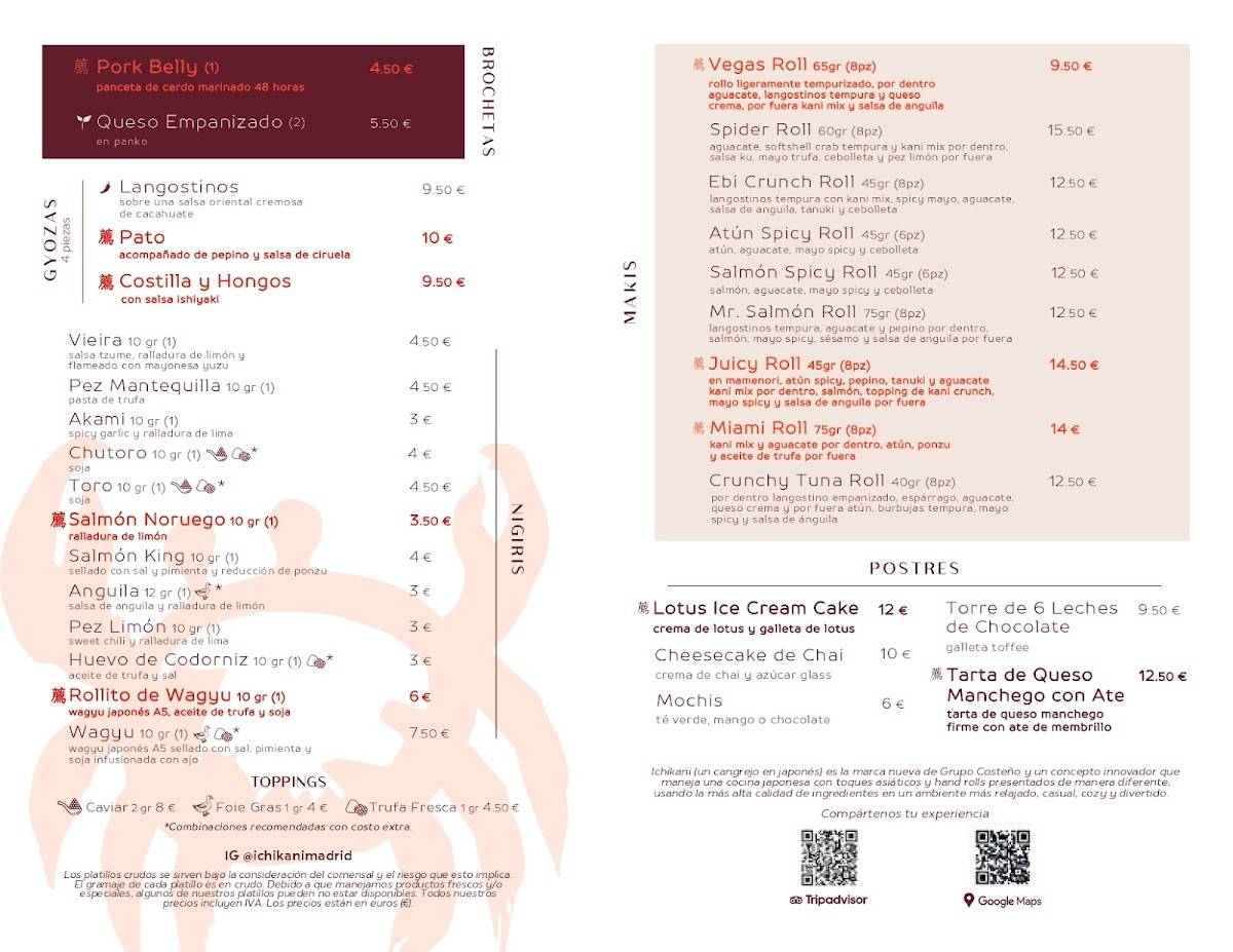 Carta del restaurante Ichikani Madrid, Madrid