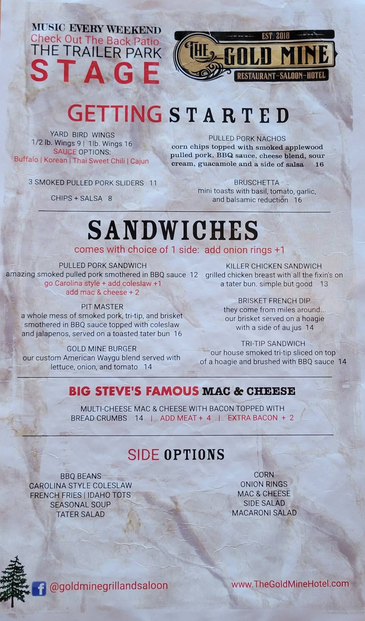 Menu at The Gold Mine Grill - Saloon - Hotel pub & bar, Idaho City