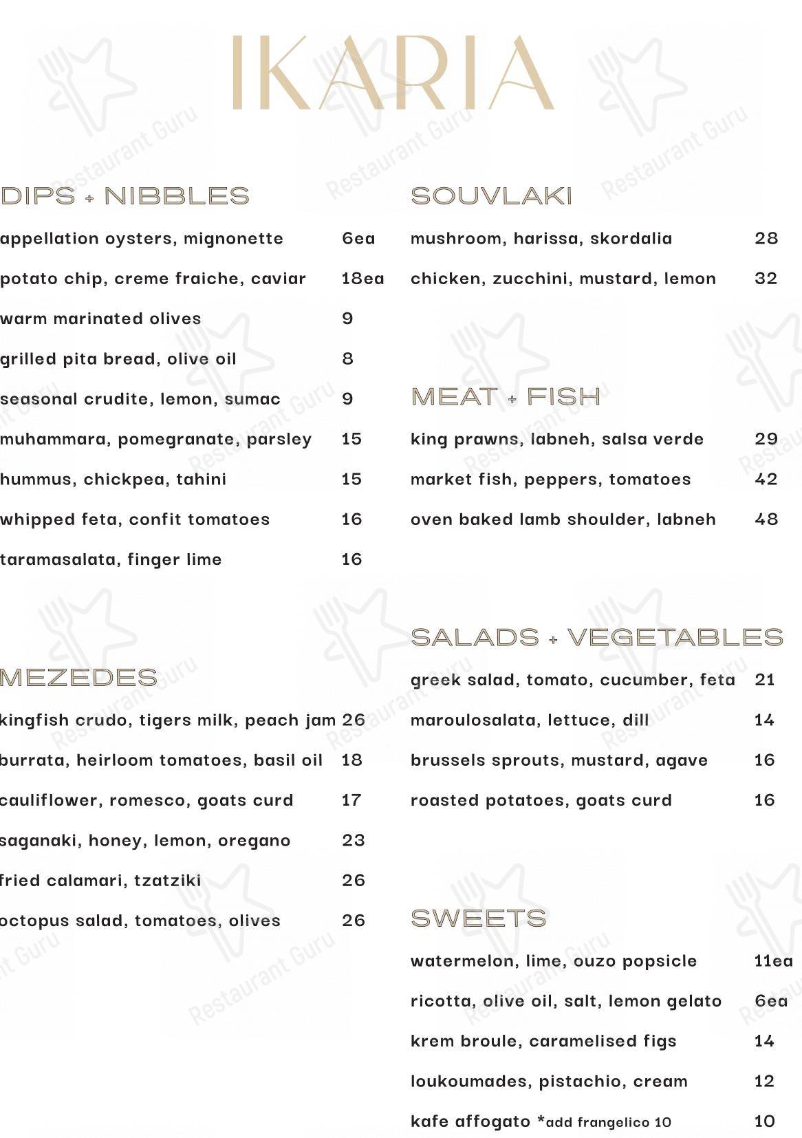 Menu at Ikaria Bondi restaurant, Bondi Beach