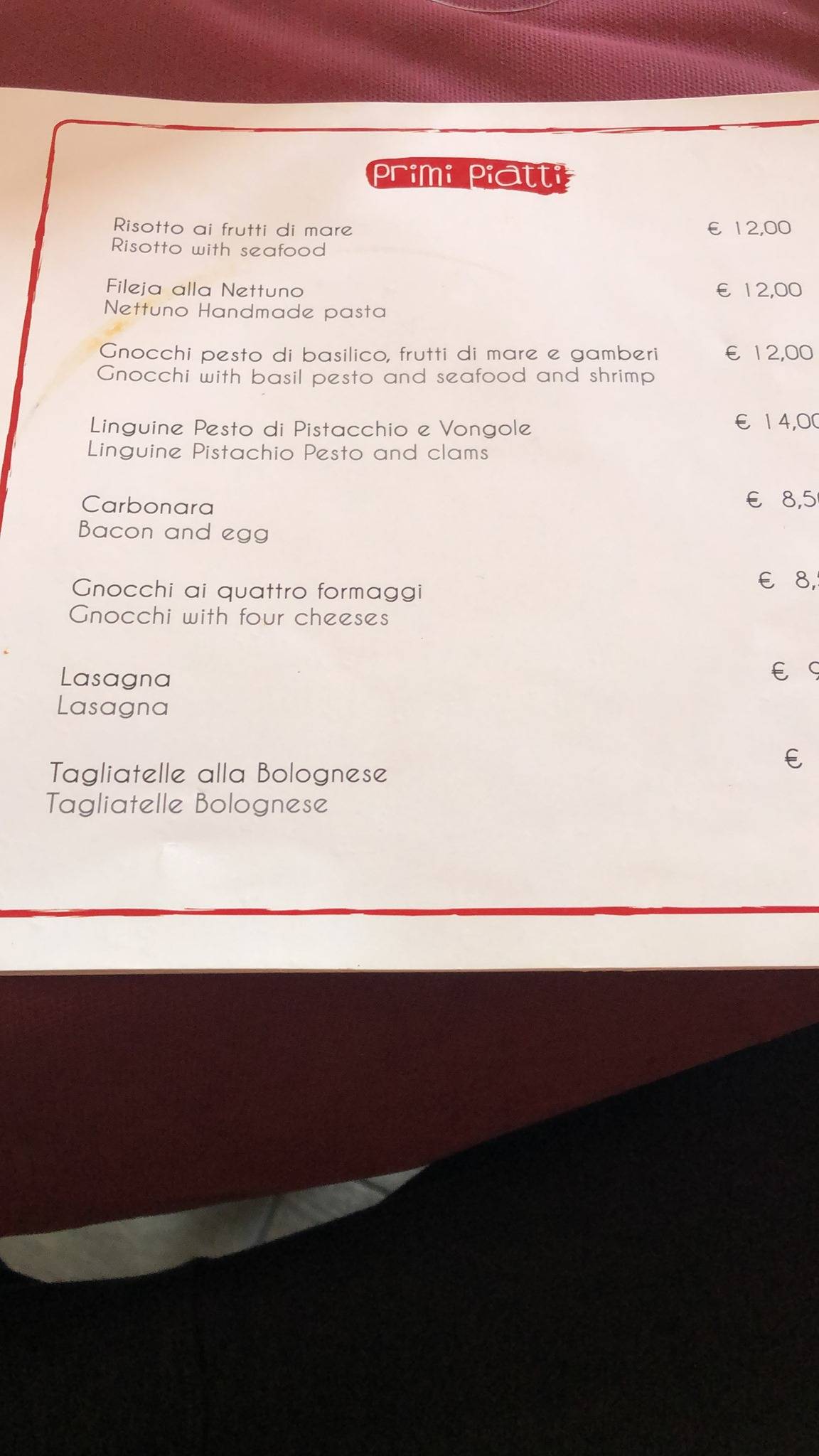 Menu da Il Cappero Rosso ristorante, Pizzo