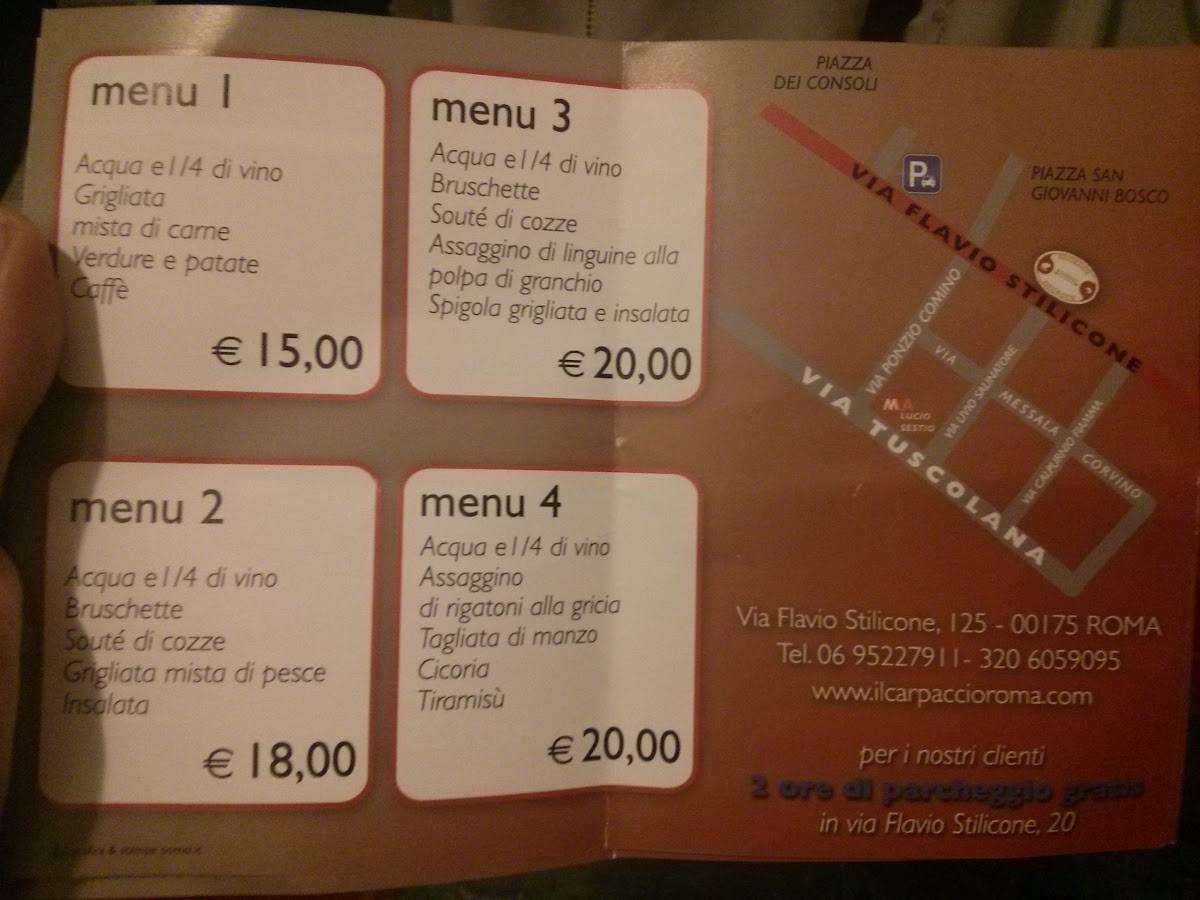Menu da Il Carpaccio ristorante, Roma, Via Flavio Stilicone