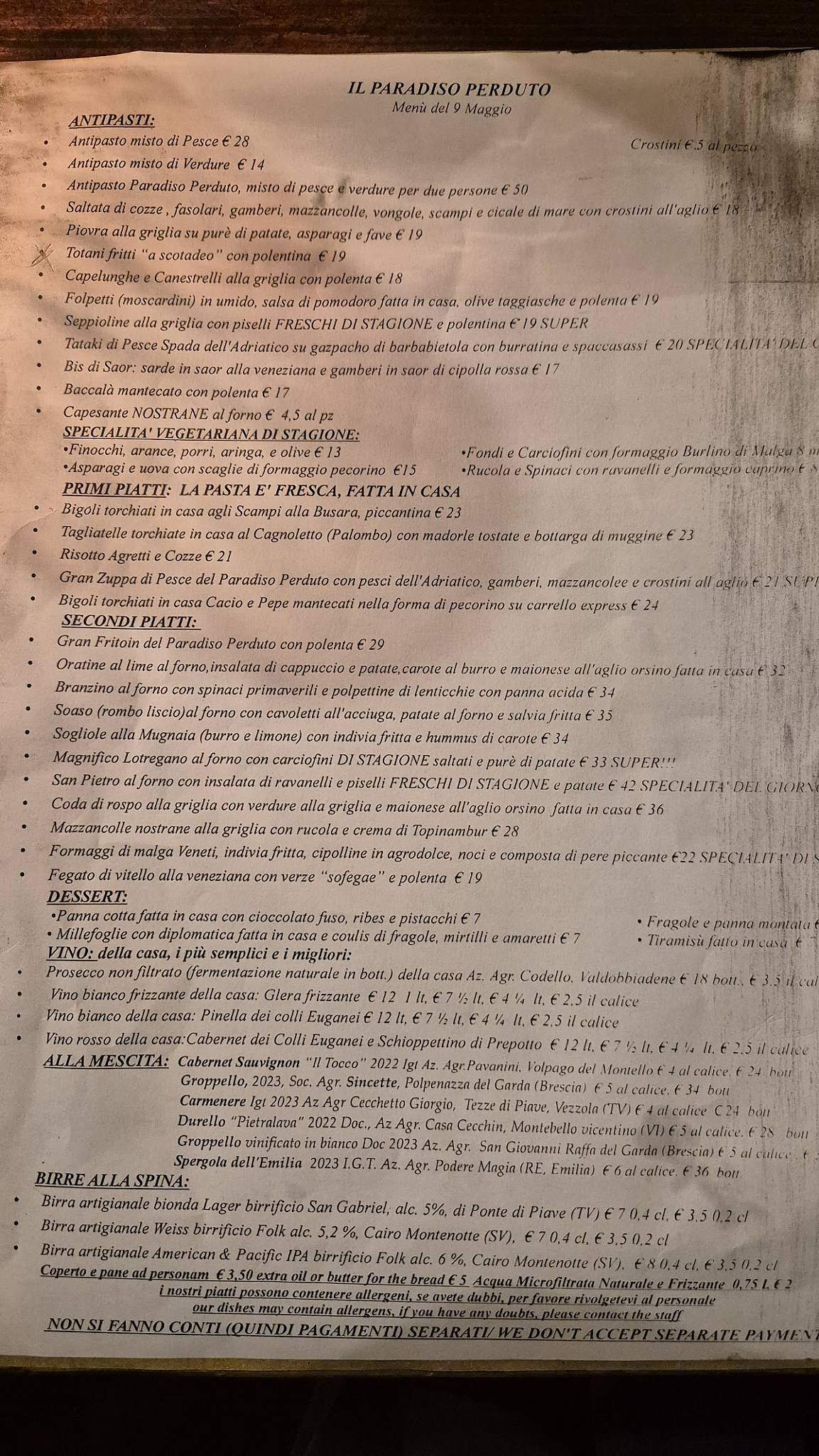 Speisekarte von Il Paradiso Perduto restaurant, Venedig