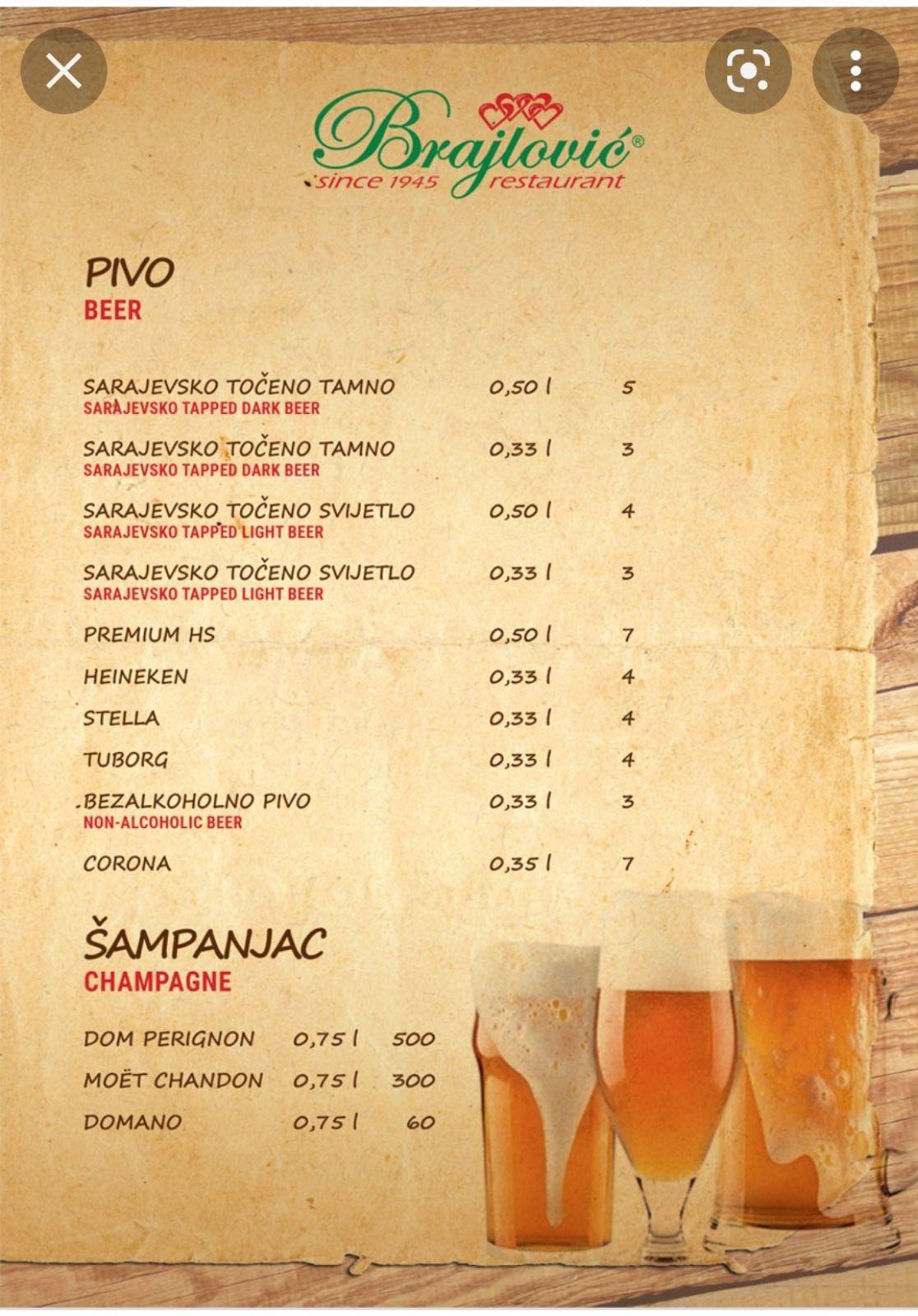 Menu at Brajlović restaurant, Ilidža, Samira Ćatovića Kobre 6