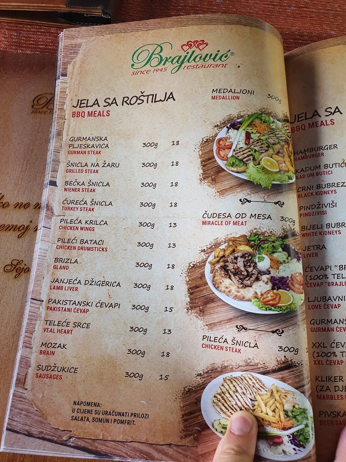 Menu at Brajlović restaurant, Ilidža, Samira Ćatovića Kobre 6
