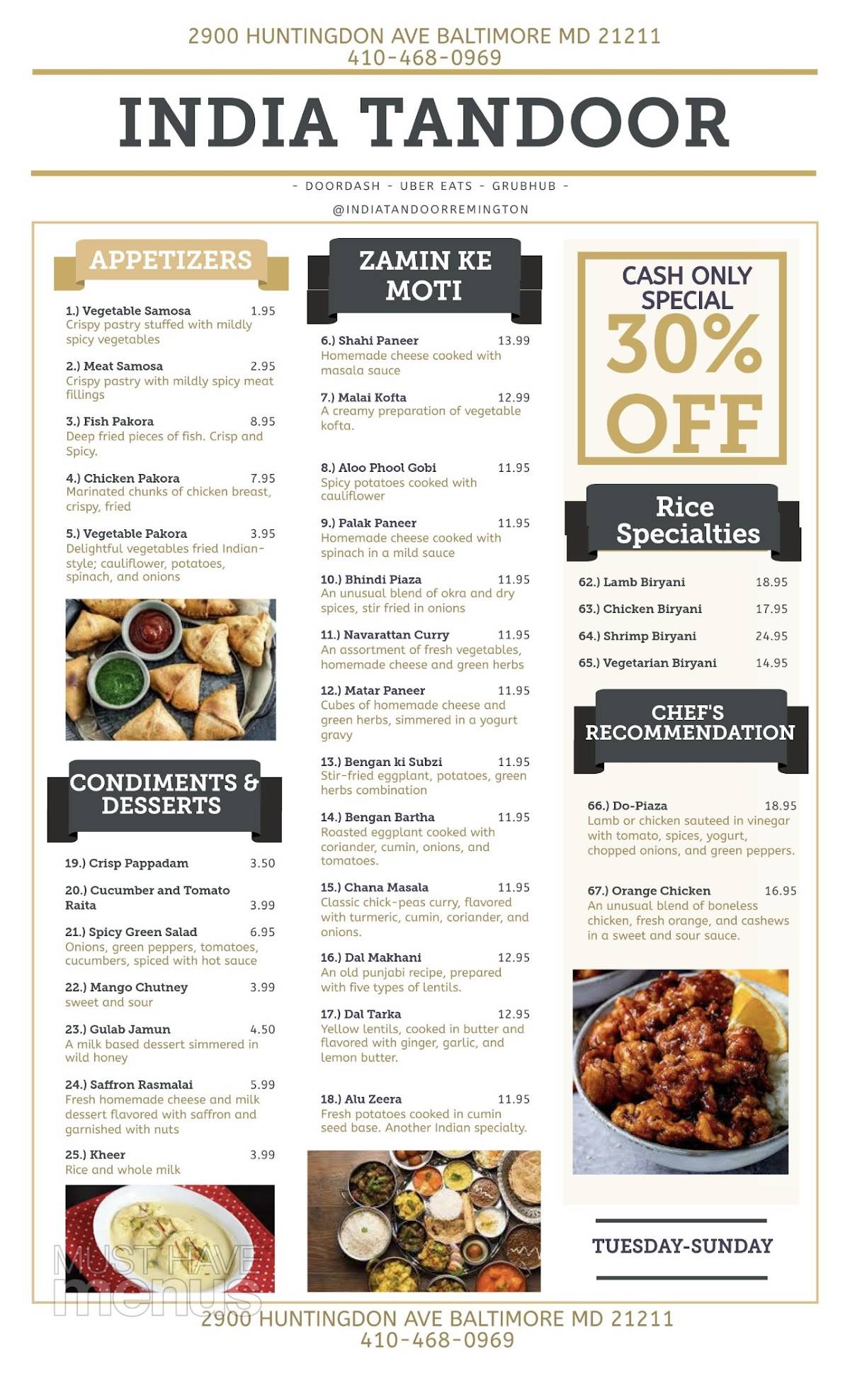 Menu at India Tandoor restaurant, Baltimore, Huntingdon Ave