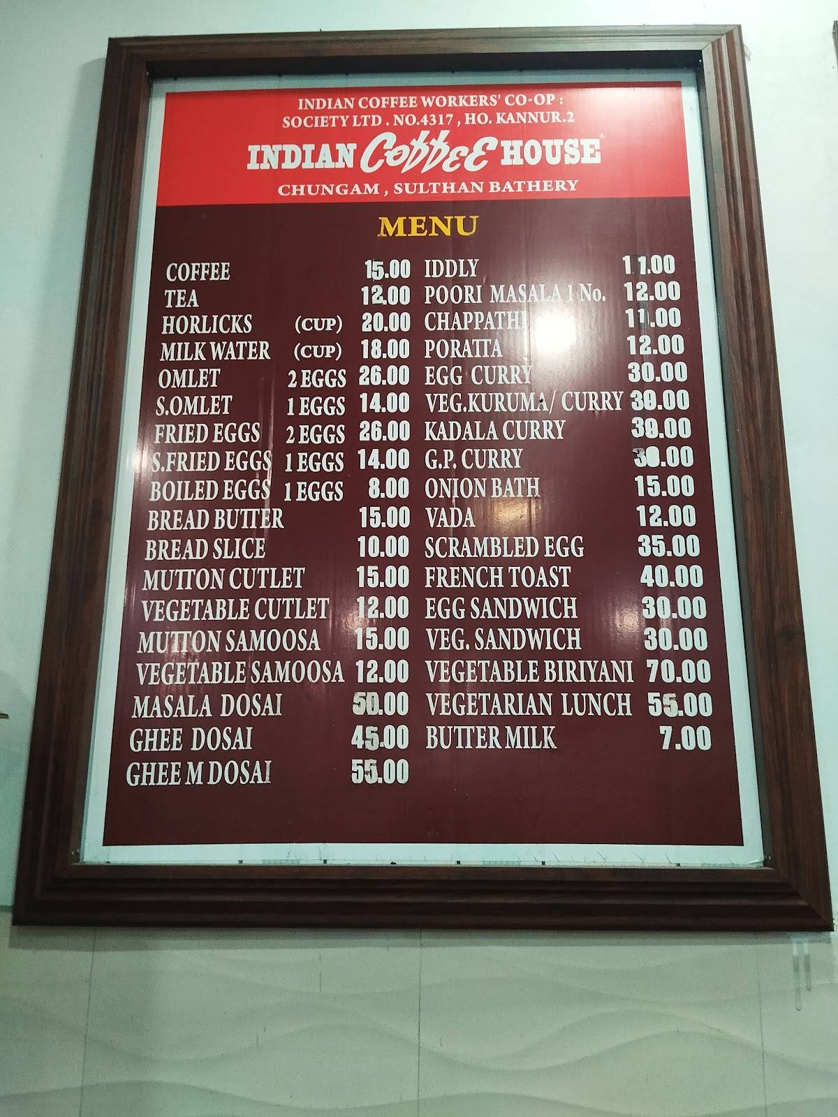 Menu at Indian Coffee House, Sultan Bathery