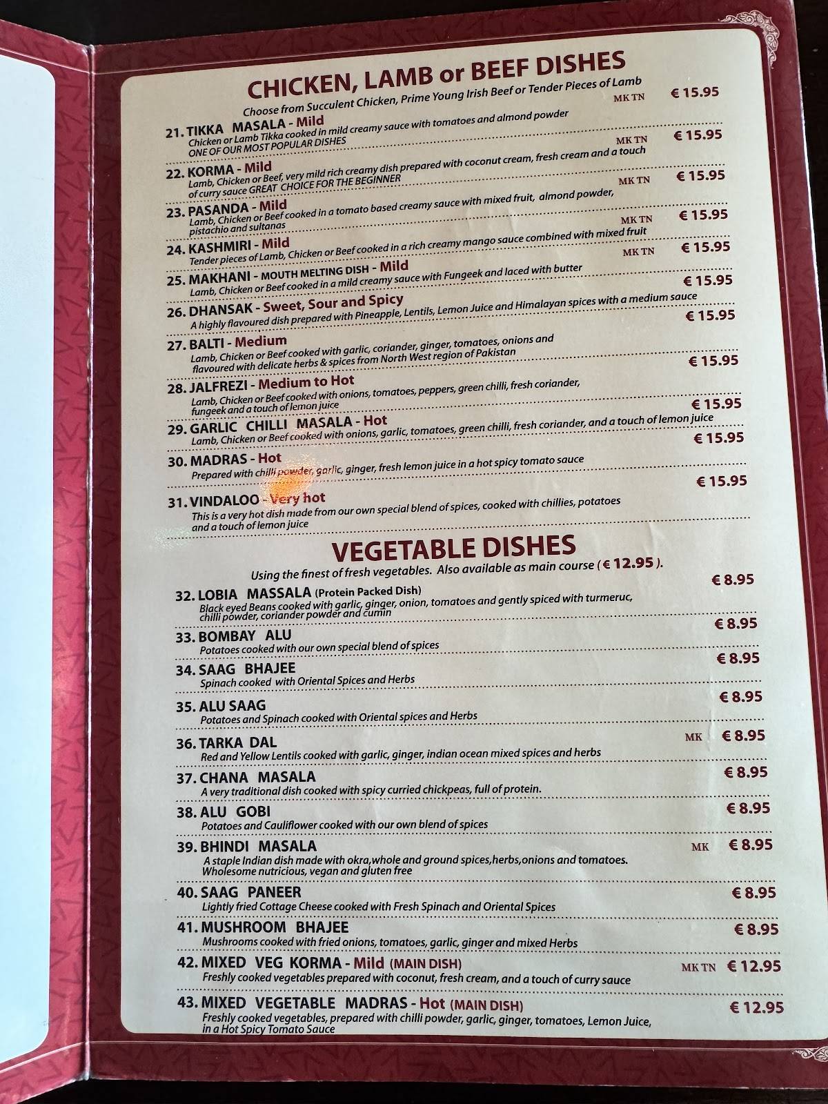 Menu at Indian Ocean Restaurant, Dungarvan