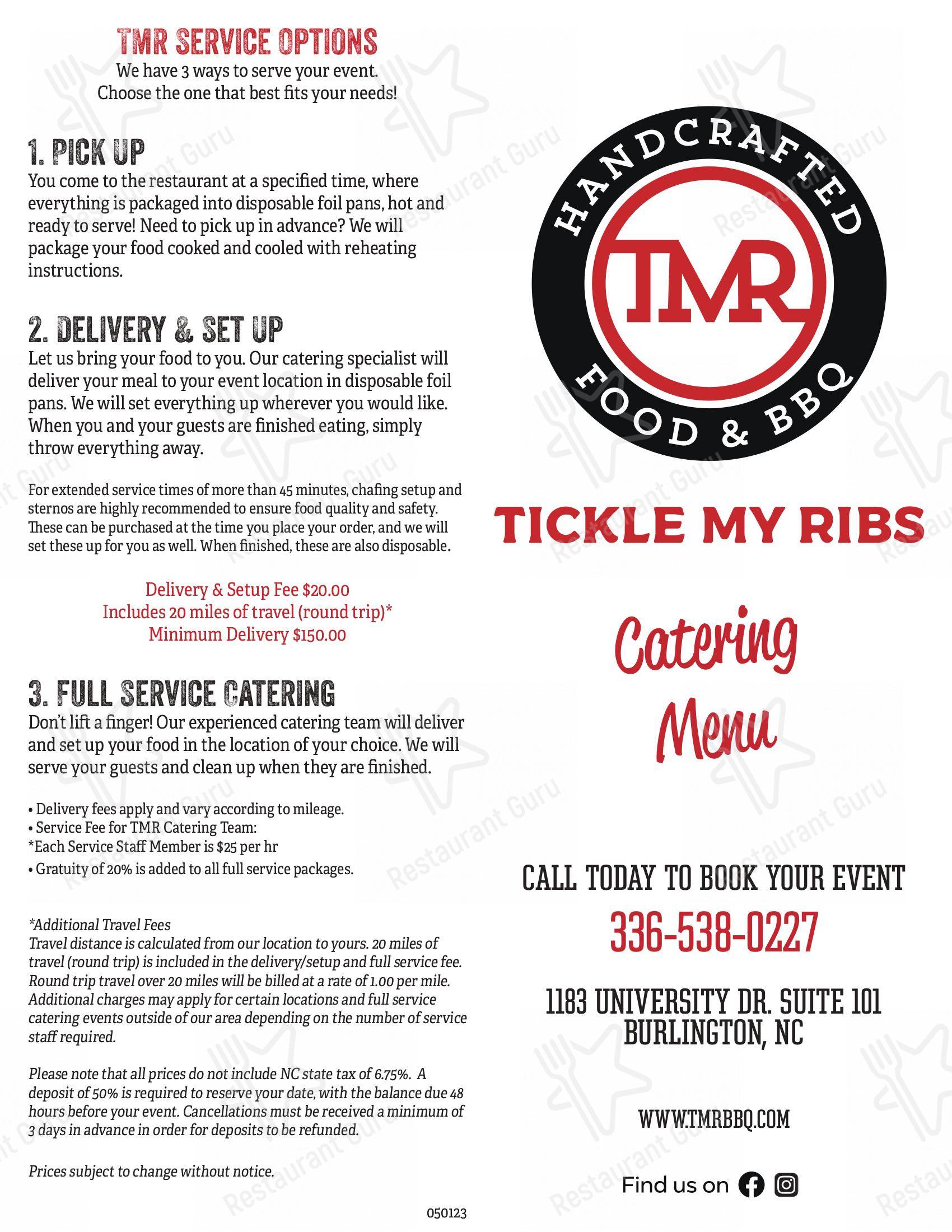 Menu at Tickle My Ribs BBQ (TMR), Indian Trail