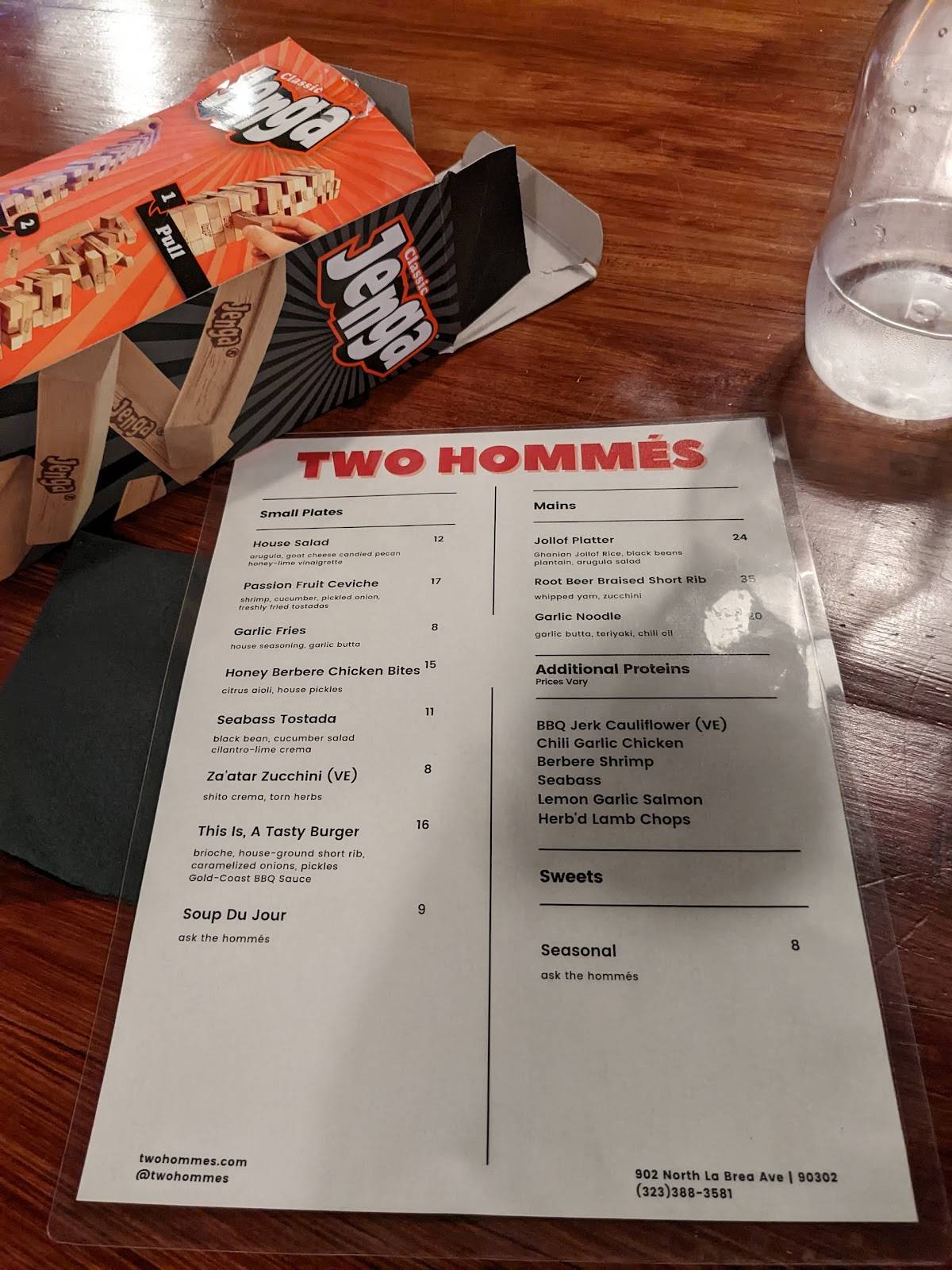 Menu at Two Hommés restaurant, Inglewood