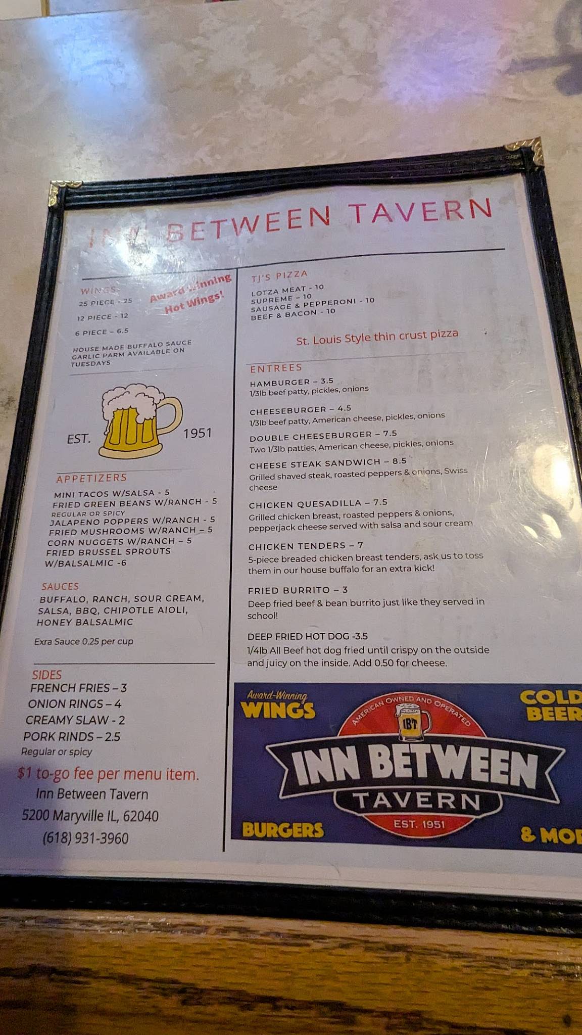 Menu at Inn Between Tavern pub & bar, Granite City