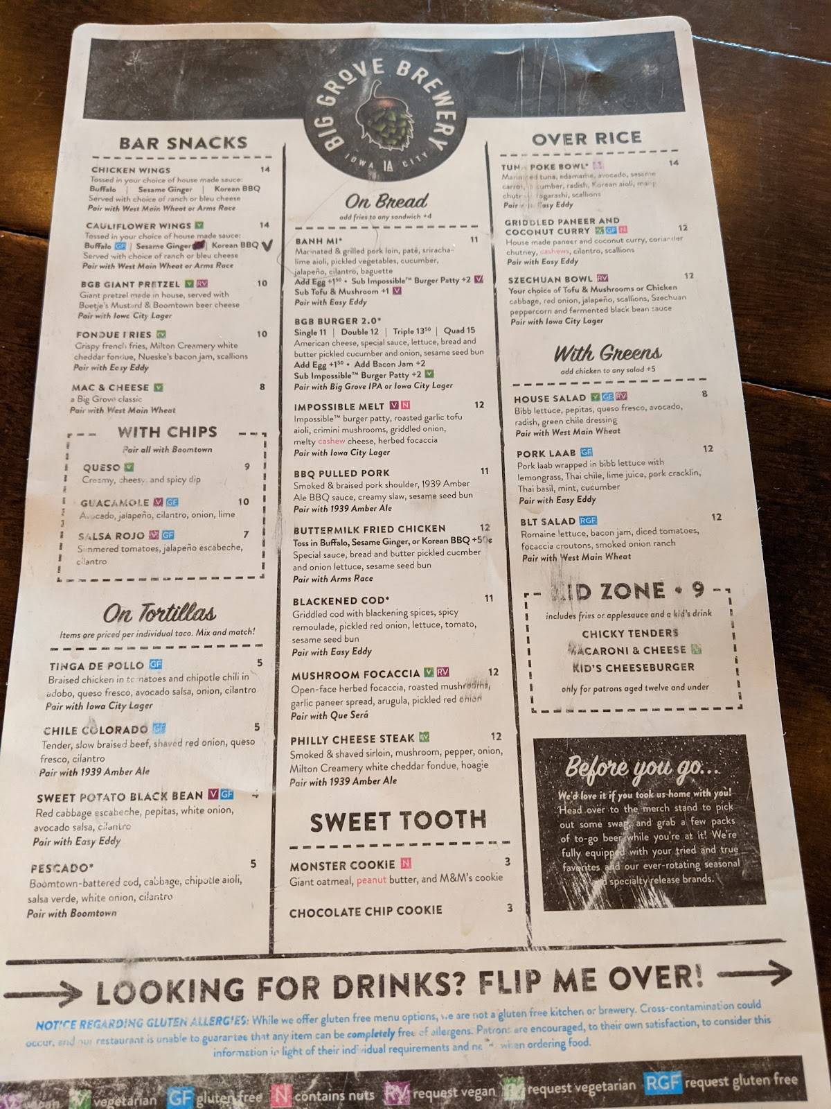 Menu at Big Grove Brewery & Taproom restaurant, Iowa City