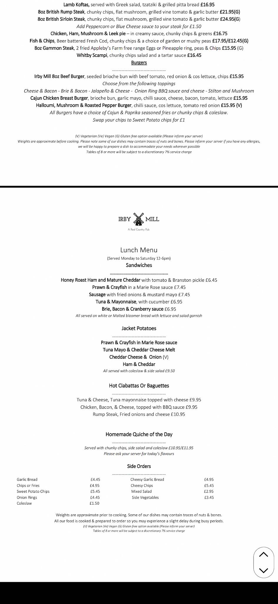 Menu at Irby Mill pub & bar, Greasby