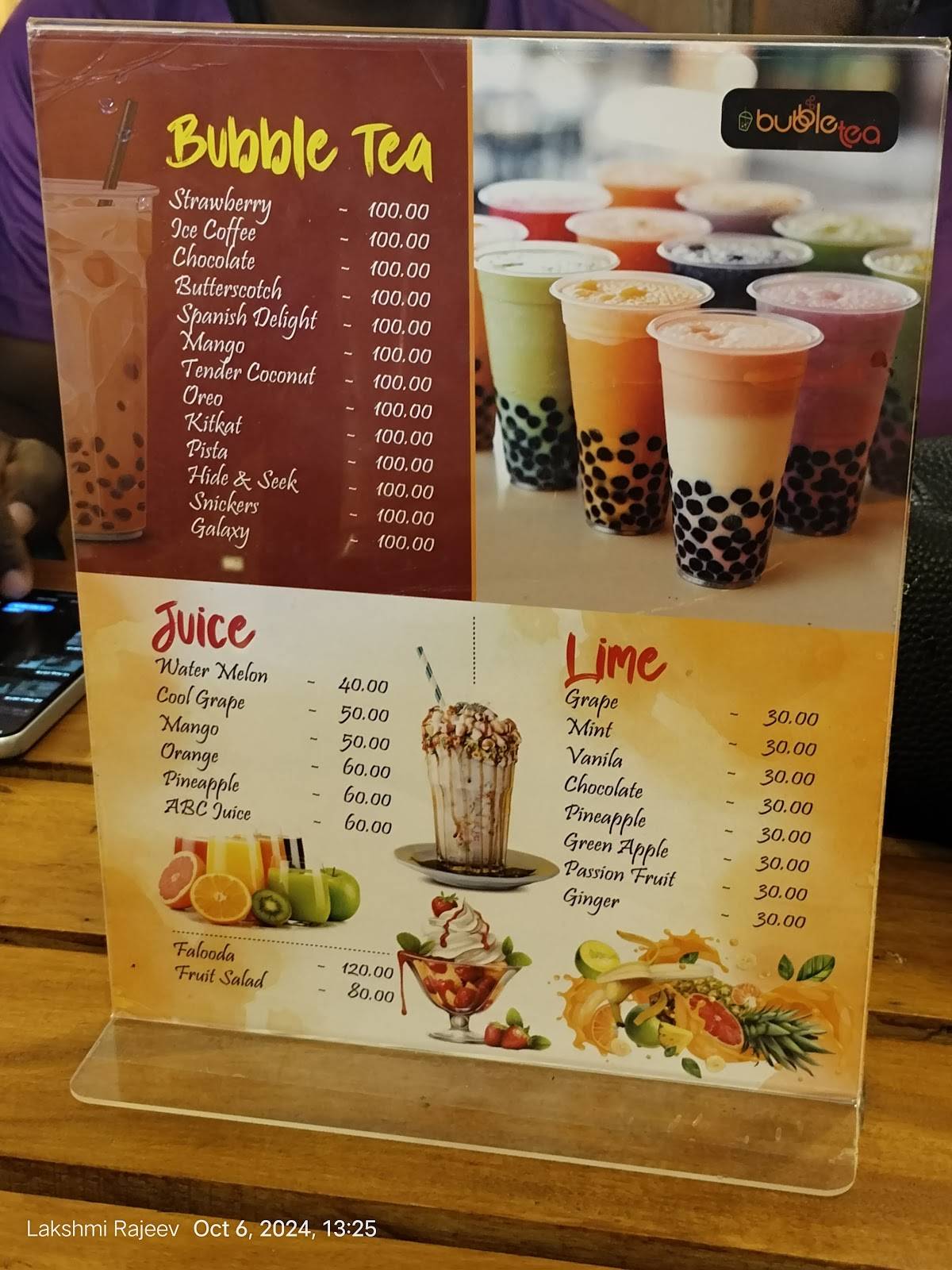 Menu at Bubble tea, Irinjalakuda