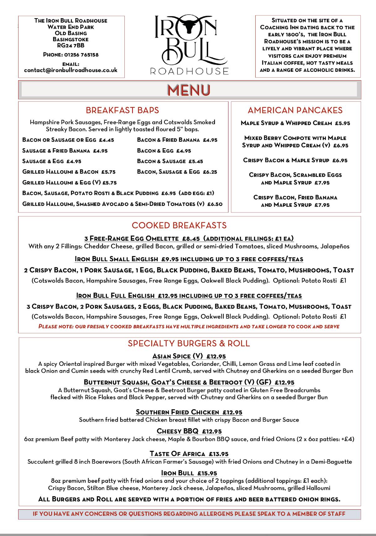 Menu at Iron Bull Roadhouse pub & bar, Basingstoke