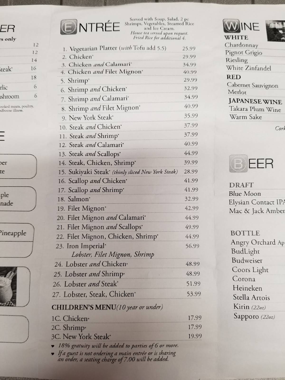 Menu at Iron Chef steakhouse, Puyallup, S Meridian