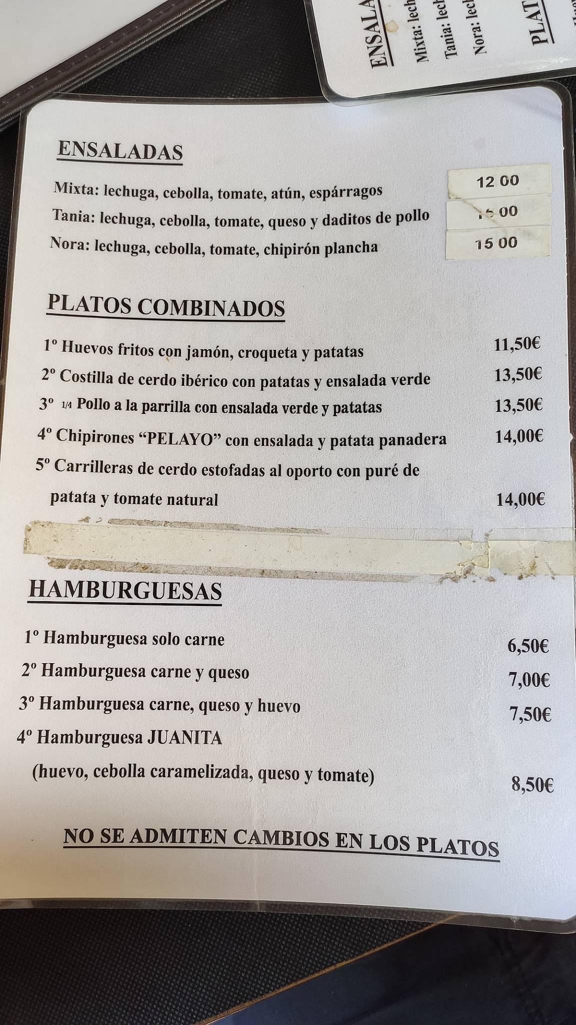 Carta de Restaurante La Juanita, Irun
