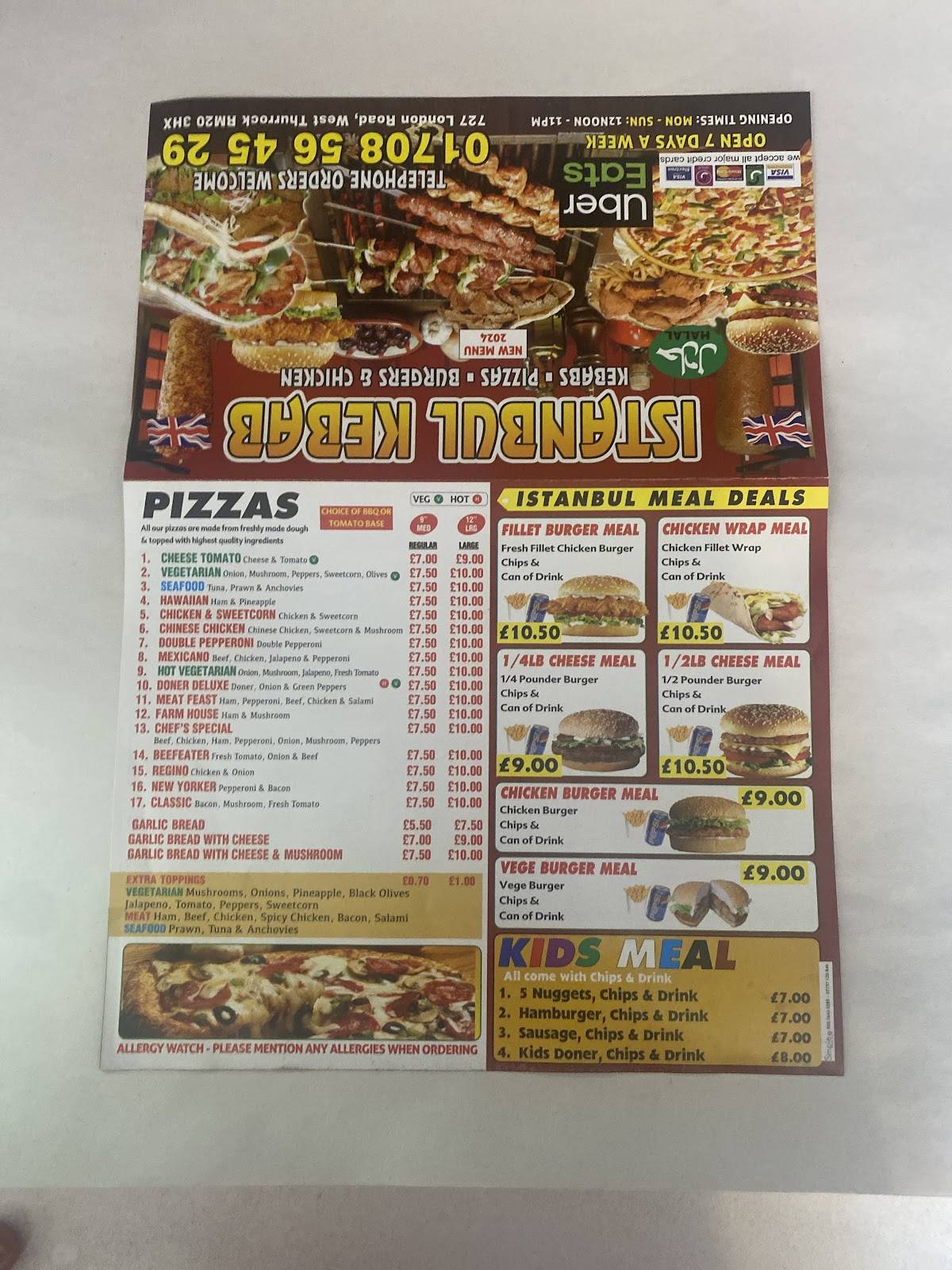Menu at Istanbul Kebab restaurant, Grays, 727 London Rd
