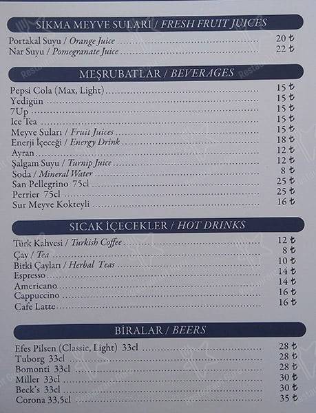 Menu at Sur Balık Restaurant Arnavutköy, Istanbul, Bebek Arnavutköy Cd