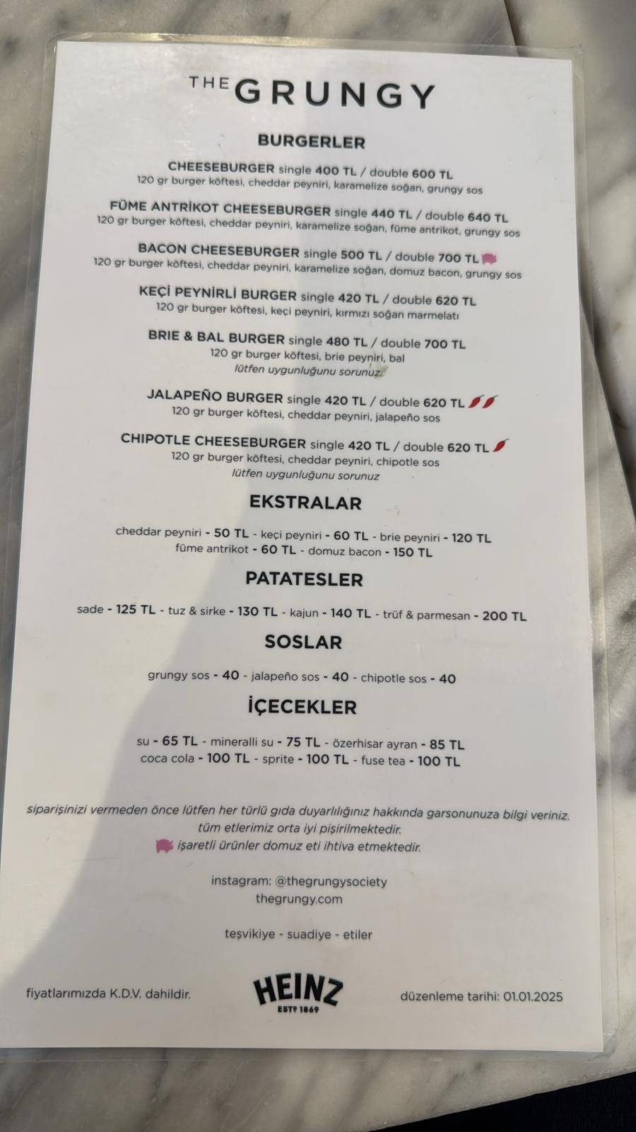 Menu at The Grungy, Istanbul, Teşvikiye Mahallesi