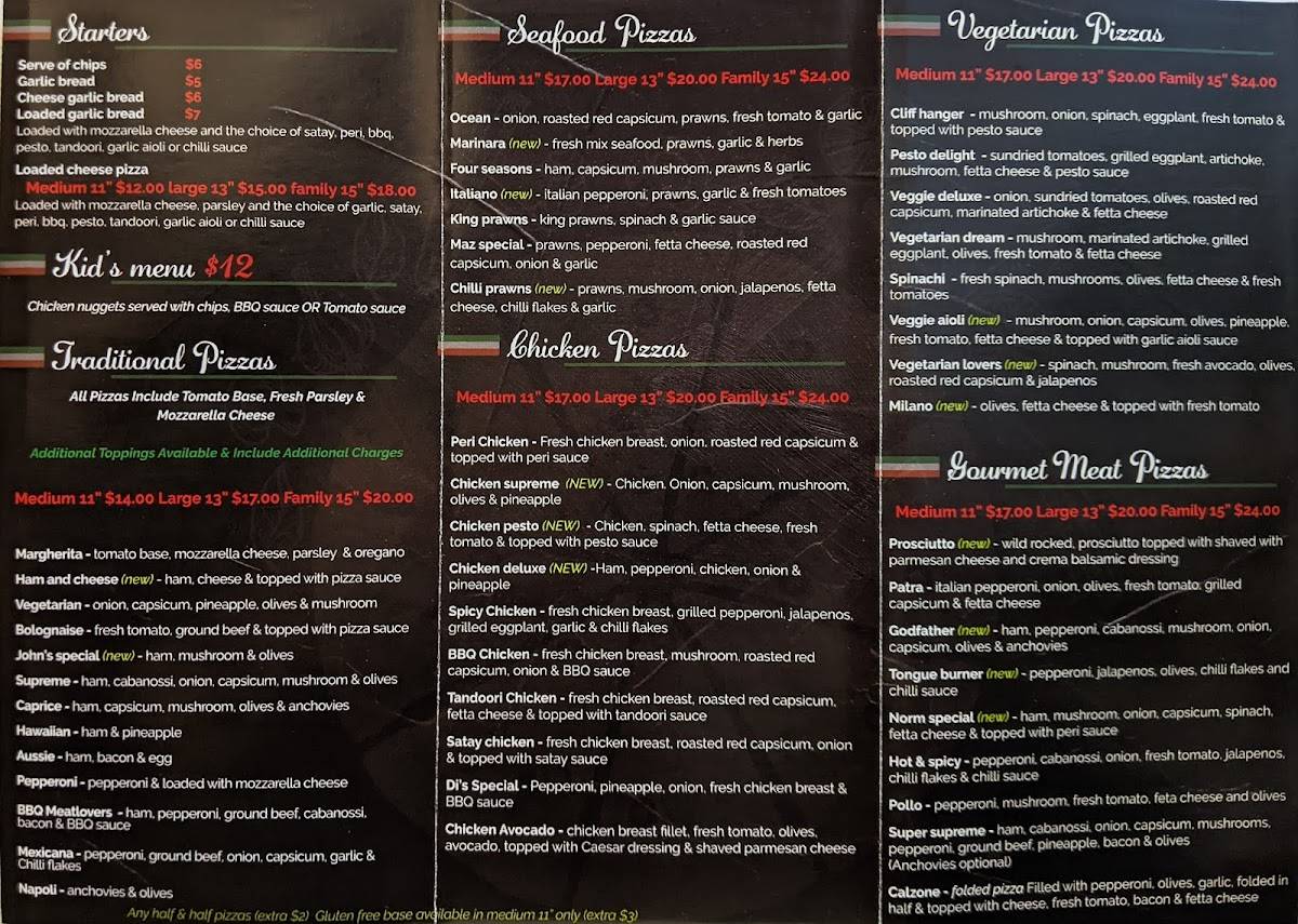 Menu at Italian Gourmet Pizza restaurant, West Ryde