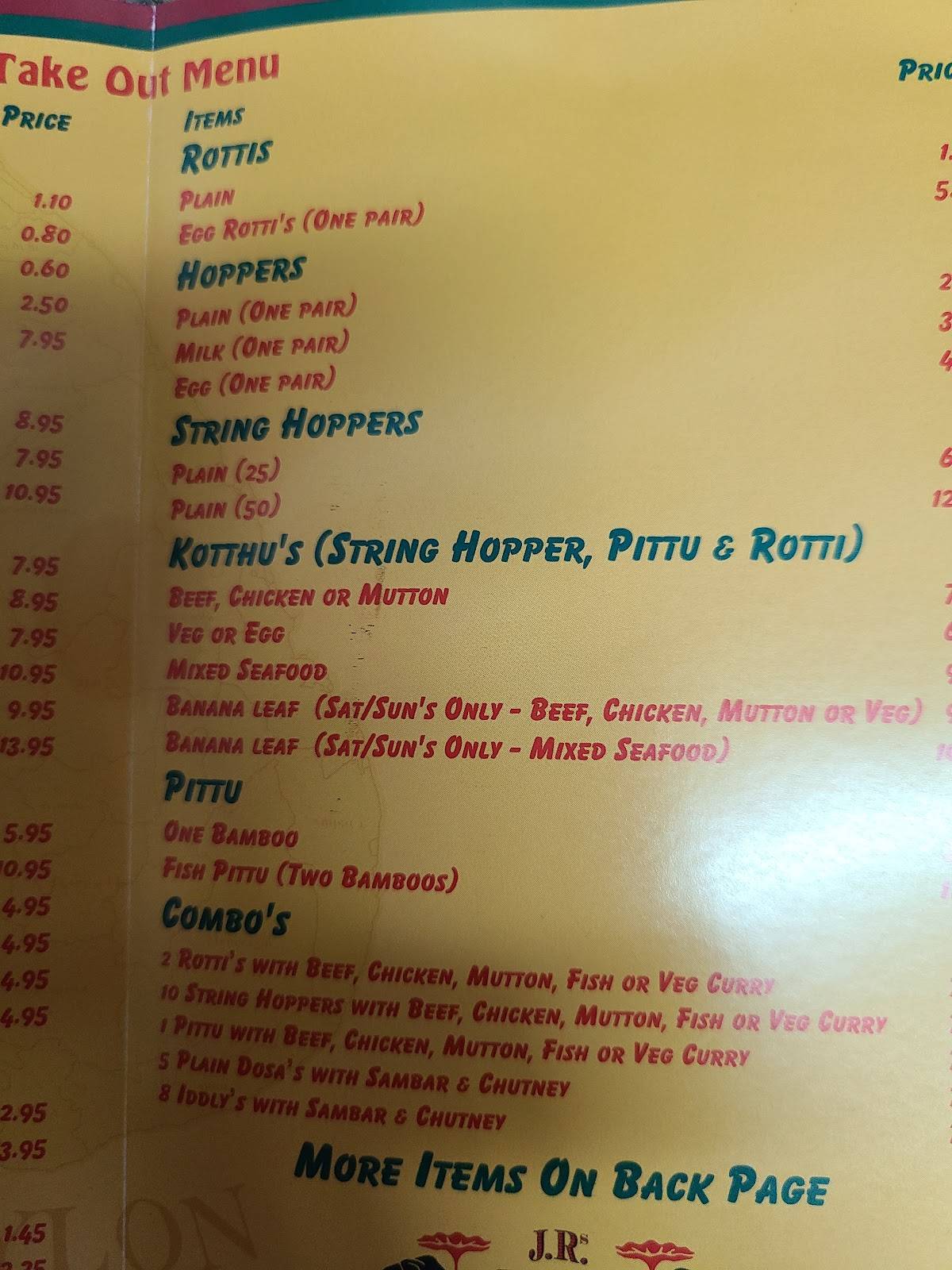 Menu at J.R Taste Of Ceylon restaurant, Vancouver