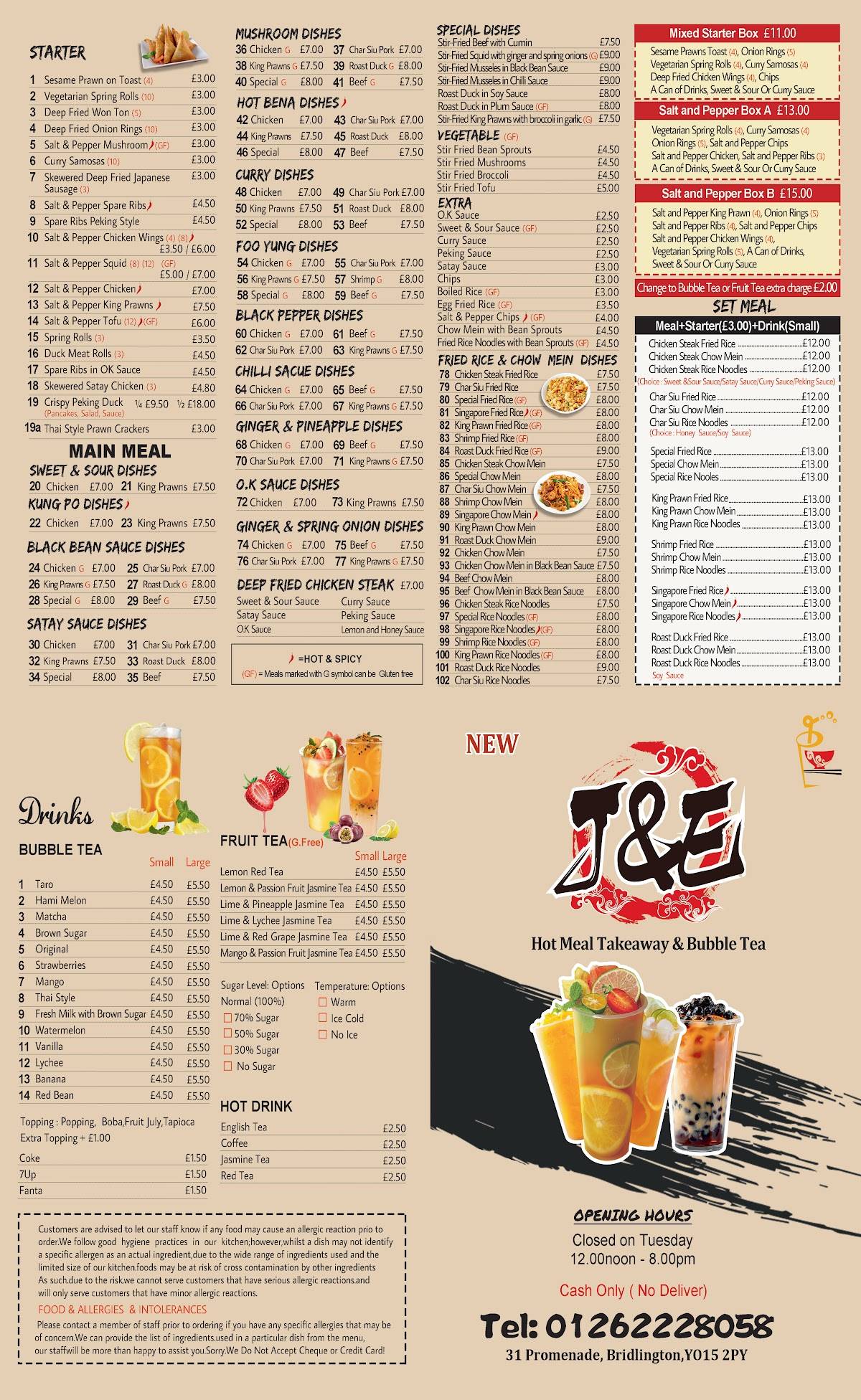 Menu at J&E restaurant, Bridlington