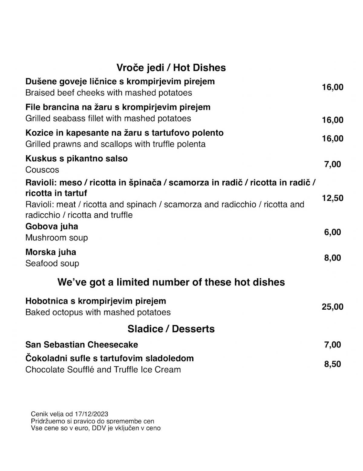 Menu at JADRO gastrobar, Ljubljana