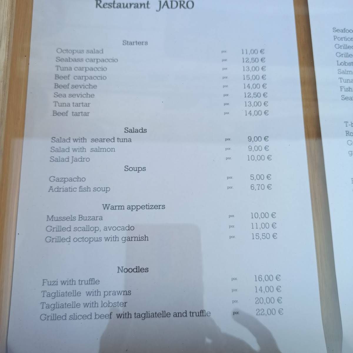 Menu at JADRO gastrobar, Ljubljana