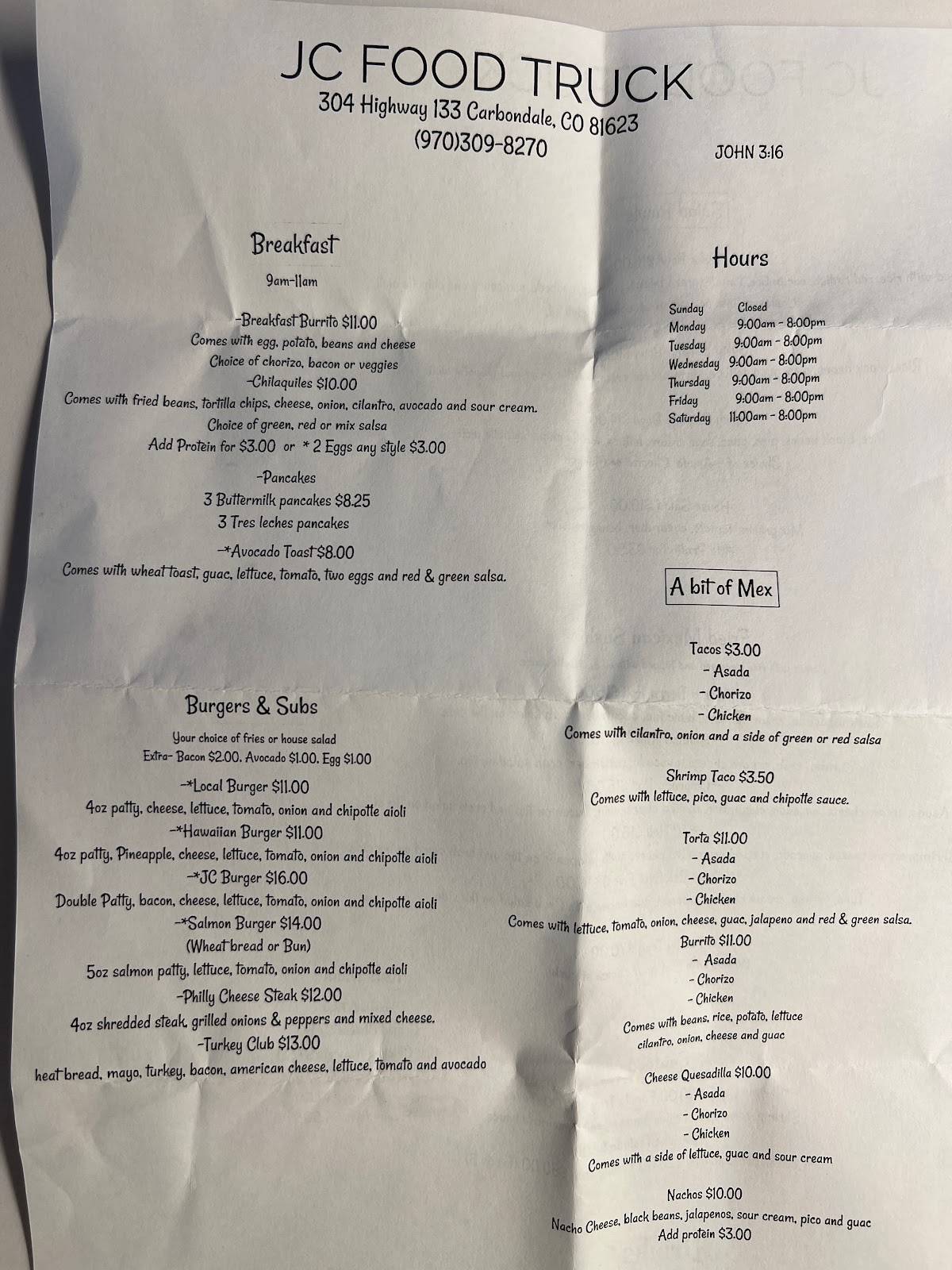 Menu at JC Food Truck restaurant, Carbondale, 304 CO-133
