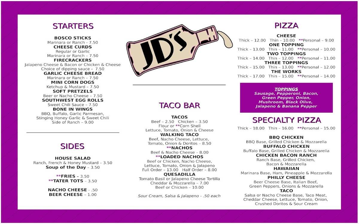 Menu at JD's pub & bar, Westville