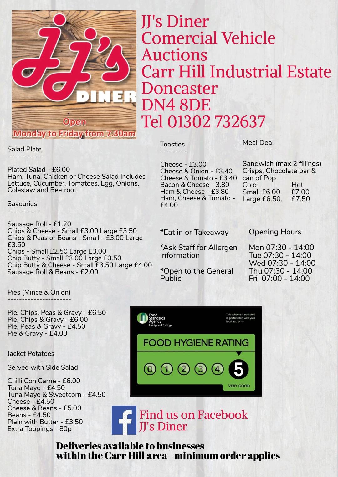 Menu at JJ's Diner cafe, Doncaster