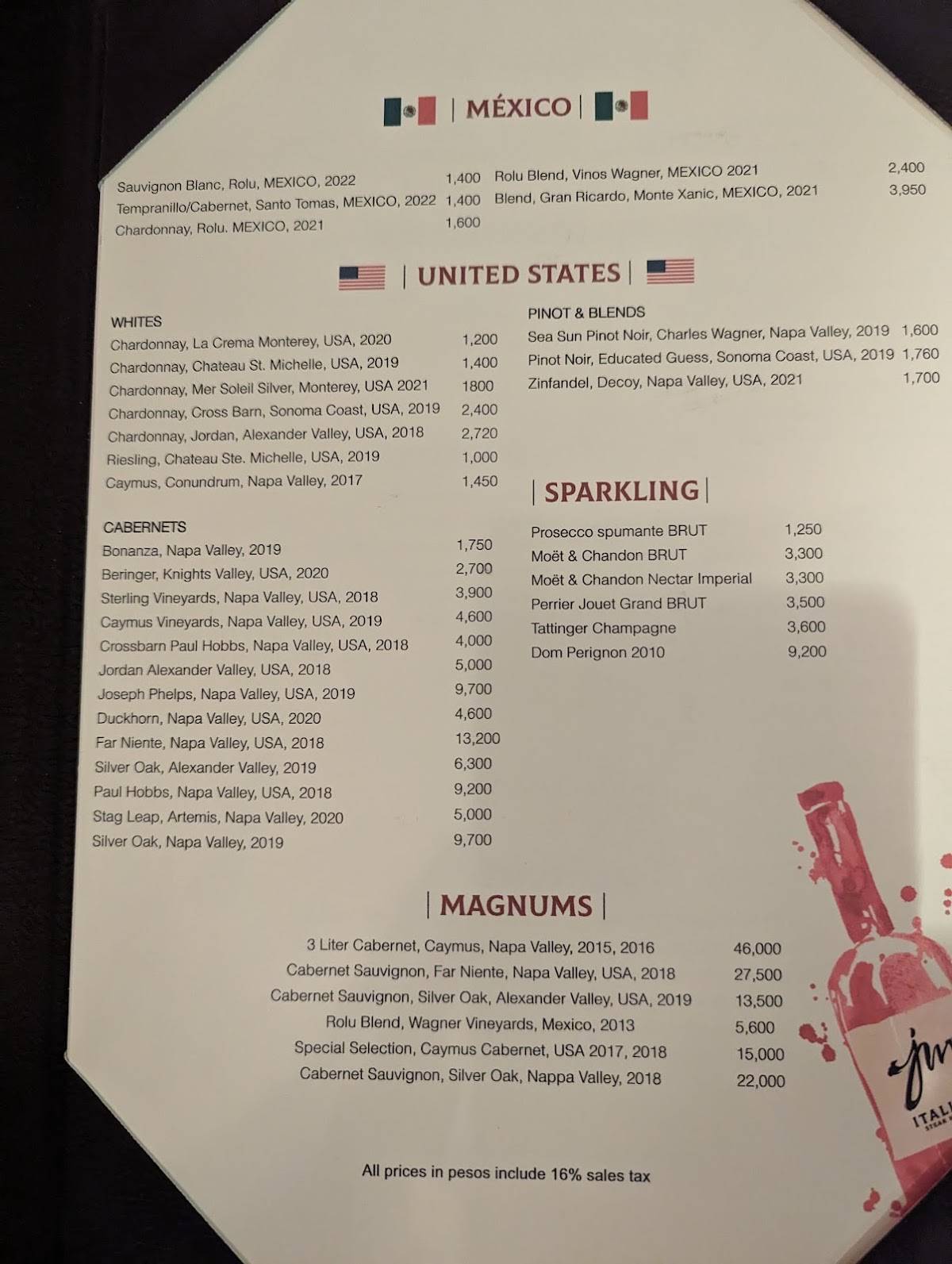 Menu at JM Steakhouse, Cabo San Lucas