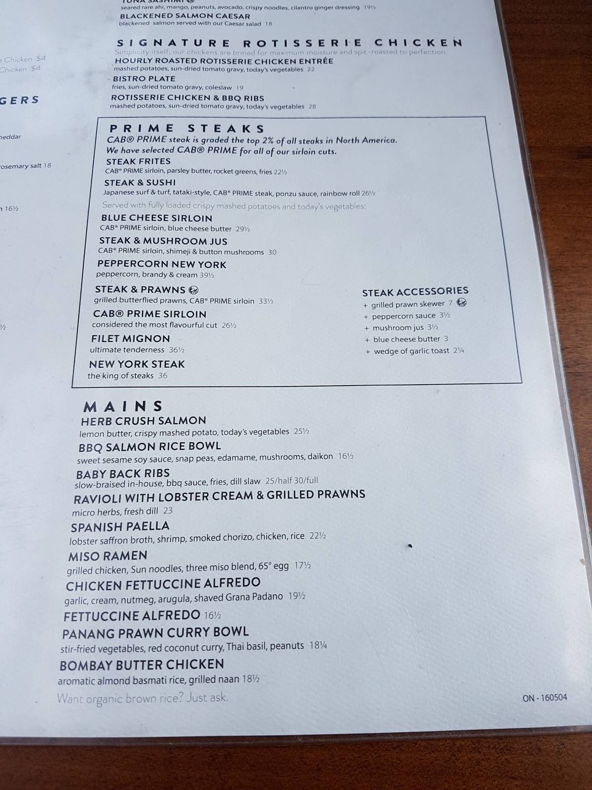 Menu at JOEY Don Mills steakhouse, Toronto, 75 O'Neill Rd