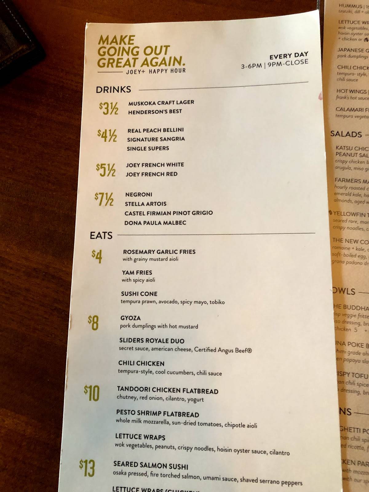 Menu at JOEY Don Mills steakhouse, Toronto, 75 O'Neill Rd