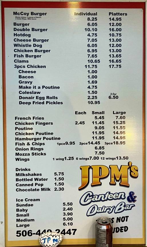 Menu at JPM Canteen & Dairy Bar, Nashwaak Village