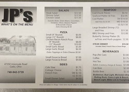 Menu at JP's Saloon pub & bar, USA, Unionvale Rd