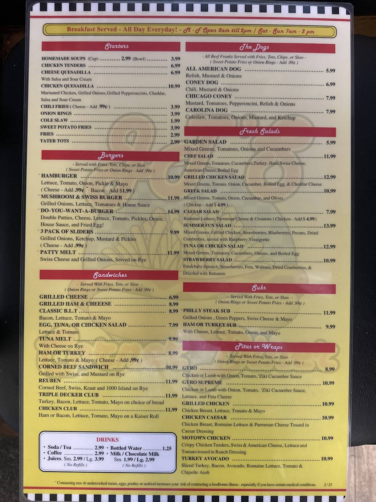 Menu at JT's Corner Diner restaurant, Sebastian