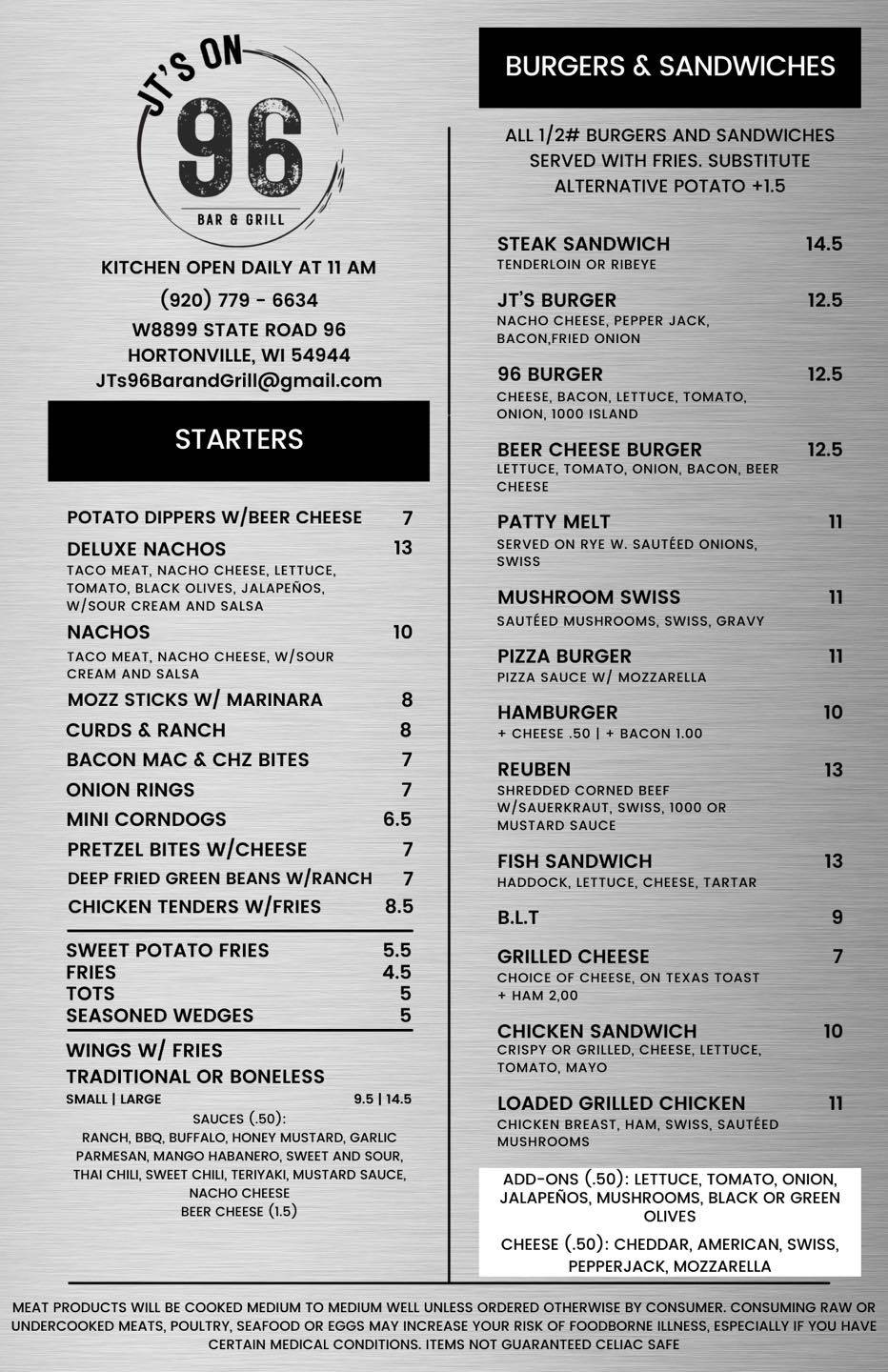 Menu at JT's on 96 Bar and Grill, USA, W8899 WI-96