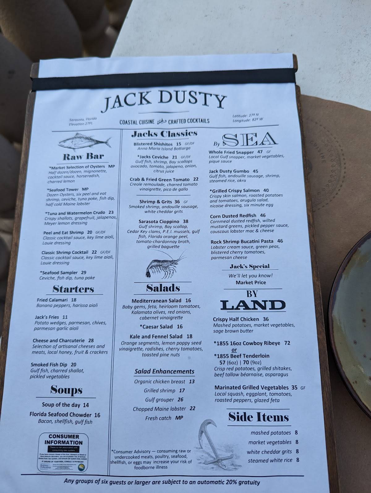 Menu at Jack Dusty pub & bar, Sarasota, Ritz Carlton Dr