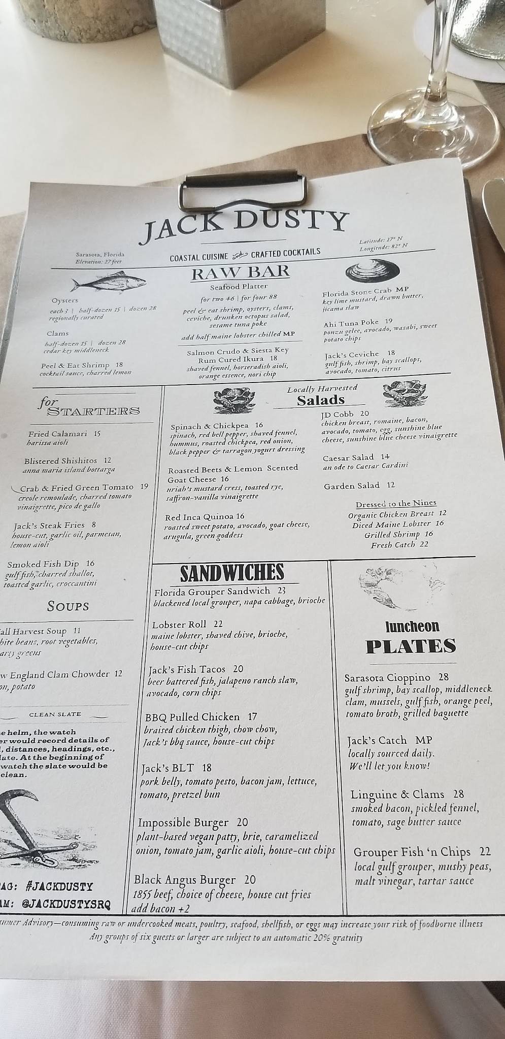 Menu at Jack Dusty pub & bar, Sarasota, Ritz Carlton Dr