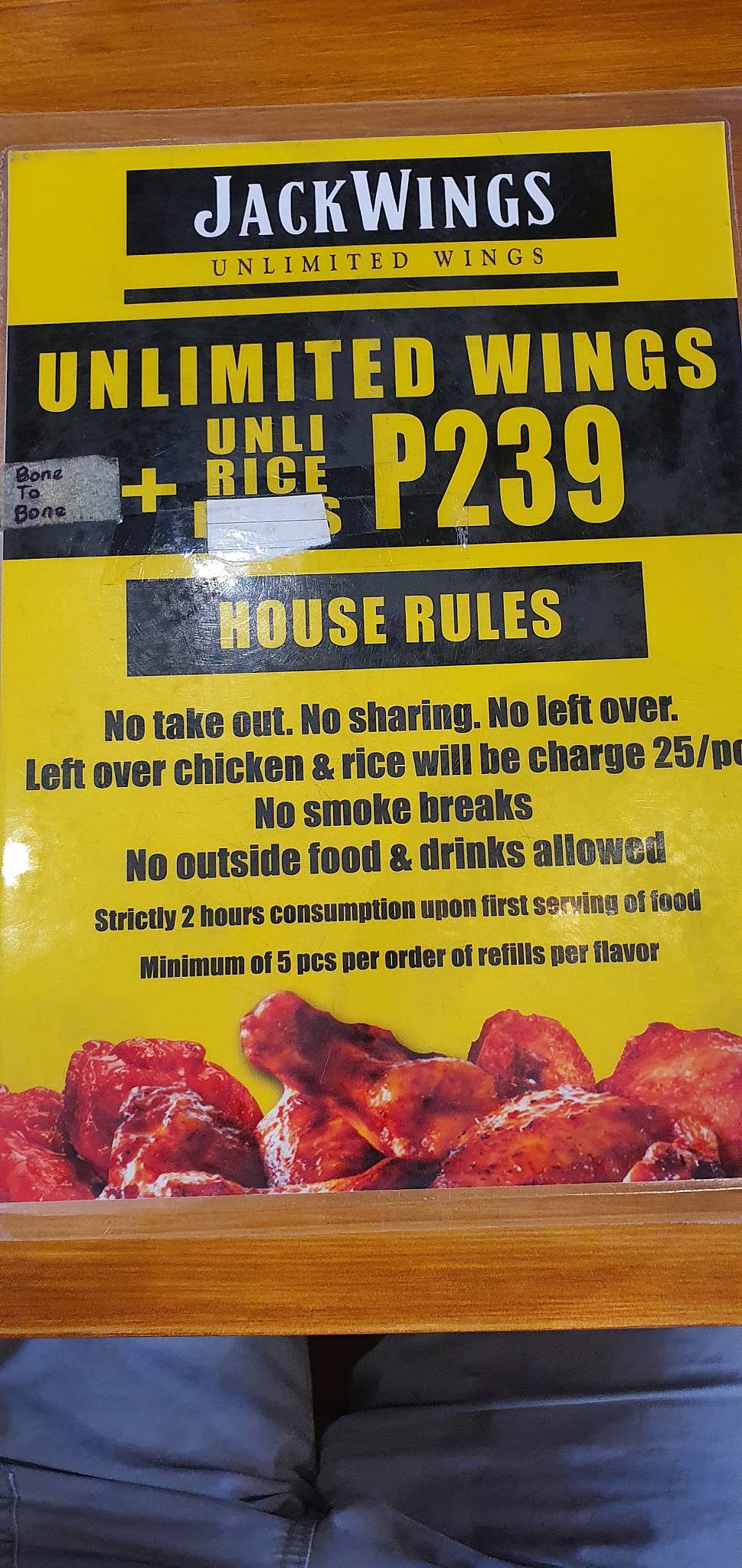 Menu at Jack Wings UST restaurant, Manila