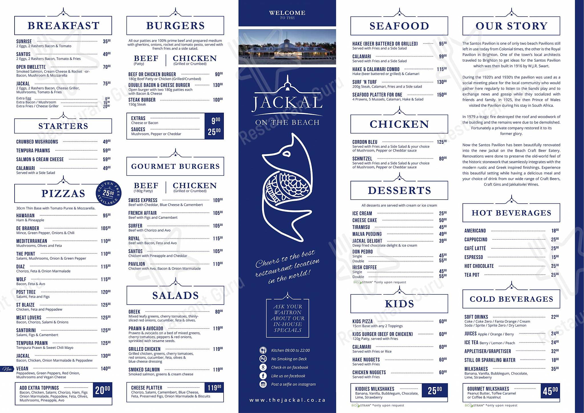 Menu at Pavilion Restaurant / Jackal on the Beach, Mossel Bay