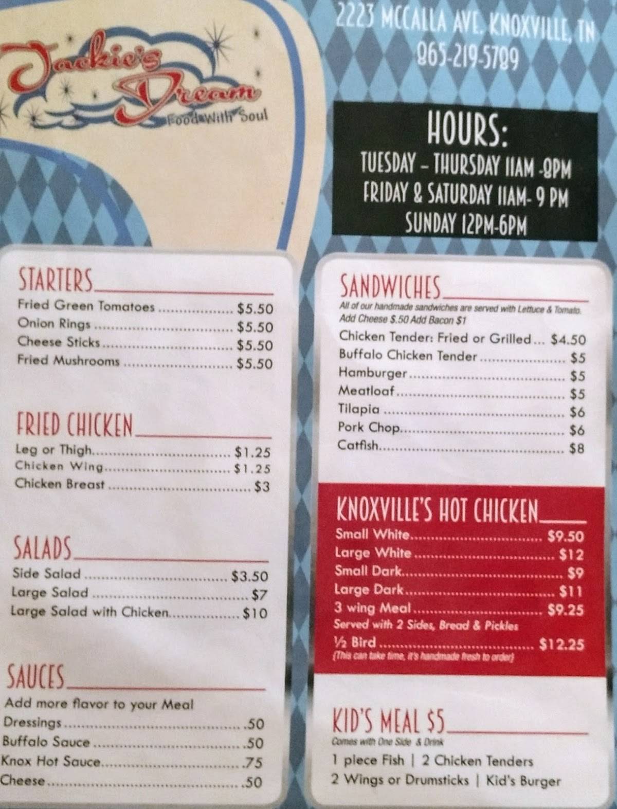 Menu at Jackie's Dream restaurant, Knoxville, E Woodland Ave