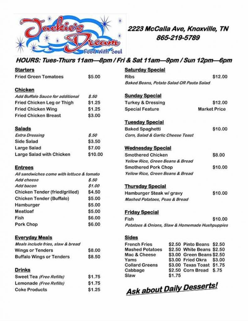 Menu at Jackie's Dream restaurant, Knoxville, E Woodland Ave
