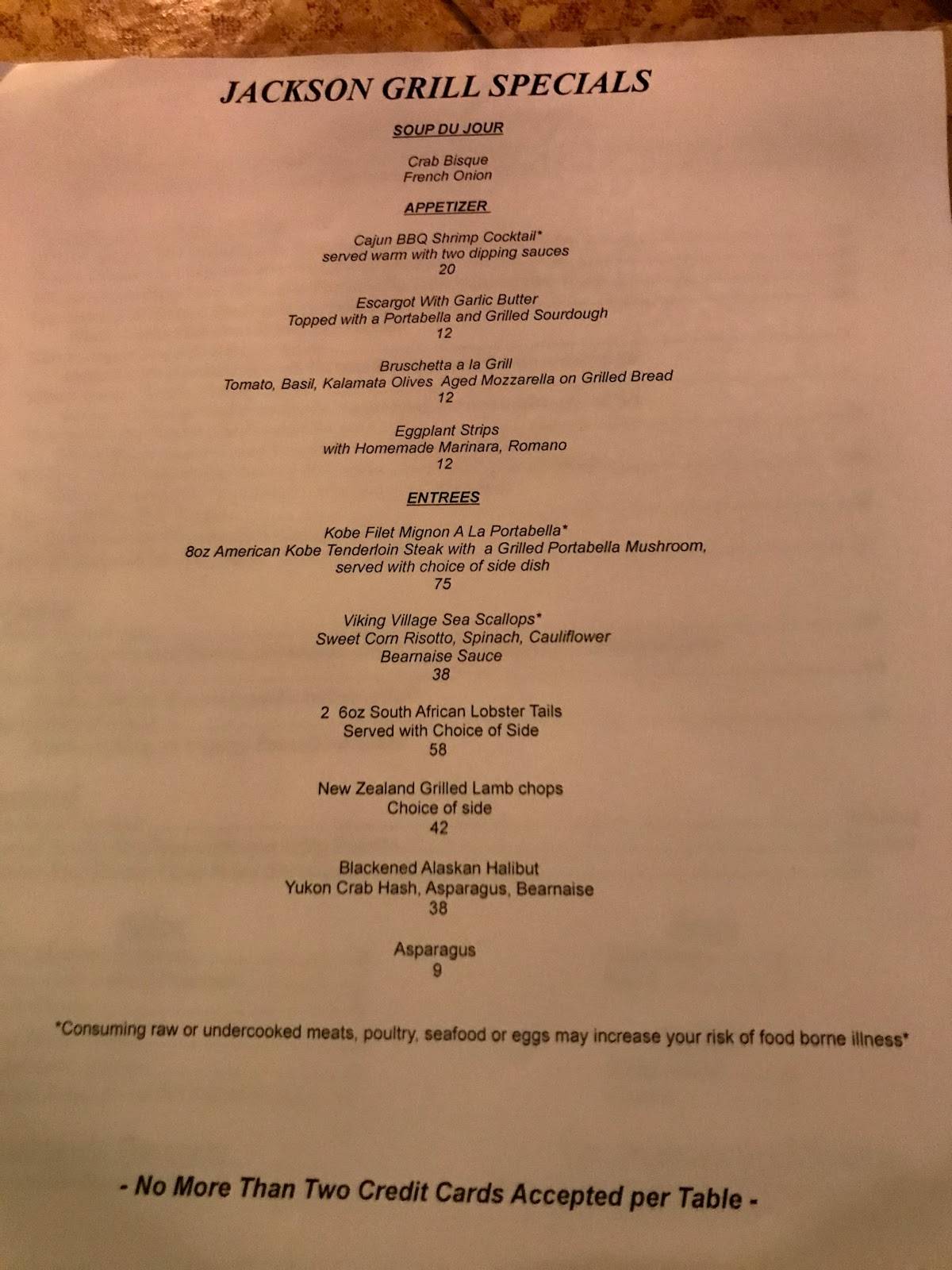 Menu at The Jackson Grill steakhouse, Milwaukee