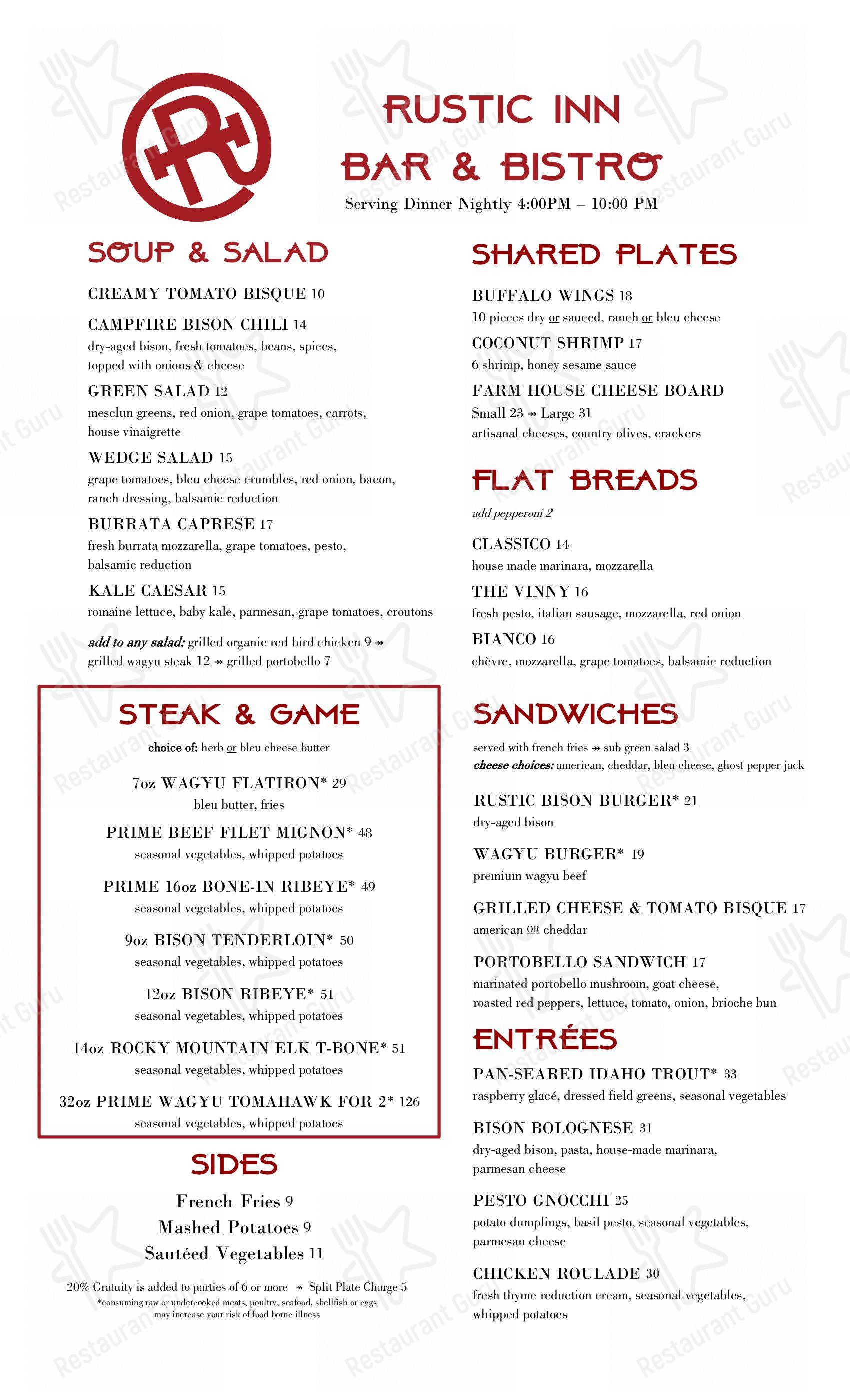 Menu at Rustic Inn Creekside Resort & Spa at Jackson Hole pub & bar ...
