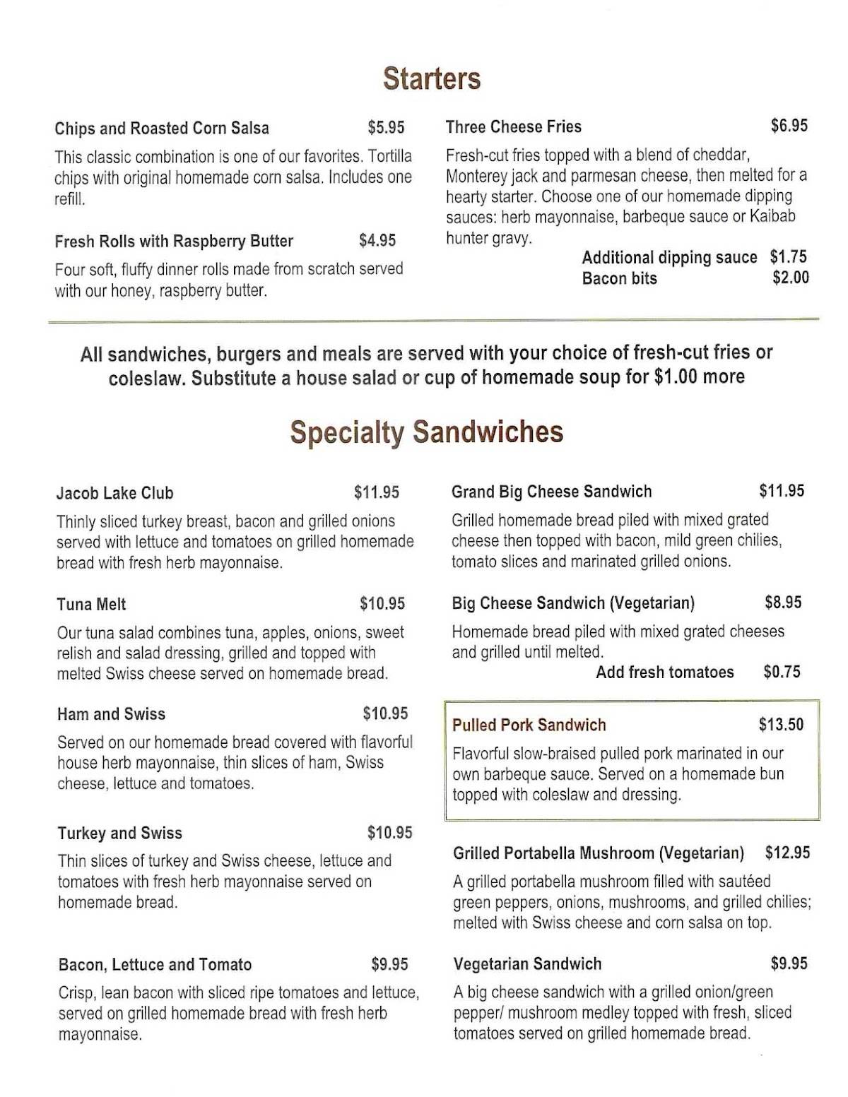 Menu at Jacob Lake Inn restaurant, Jacob Lake