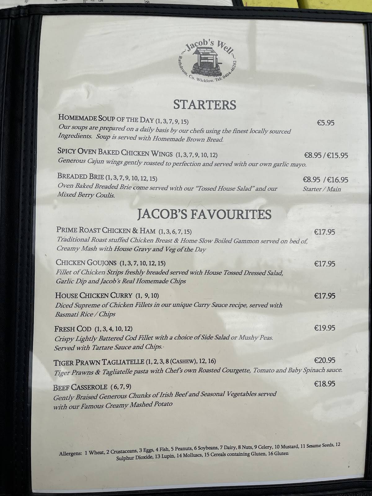Menu at Jacobs Well Hotel pub & bar, Ireland, Main St